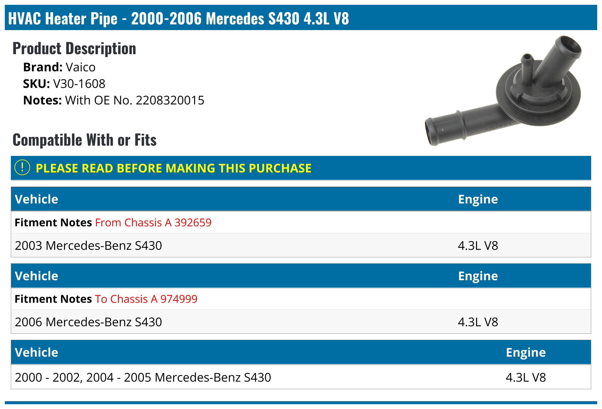 2000-2006 Mercedes S430 HVAC Heater Pipe - Vaico V30-1608 - PartsGeek.com