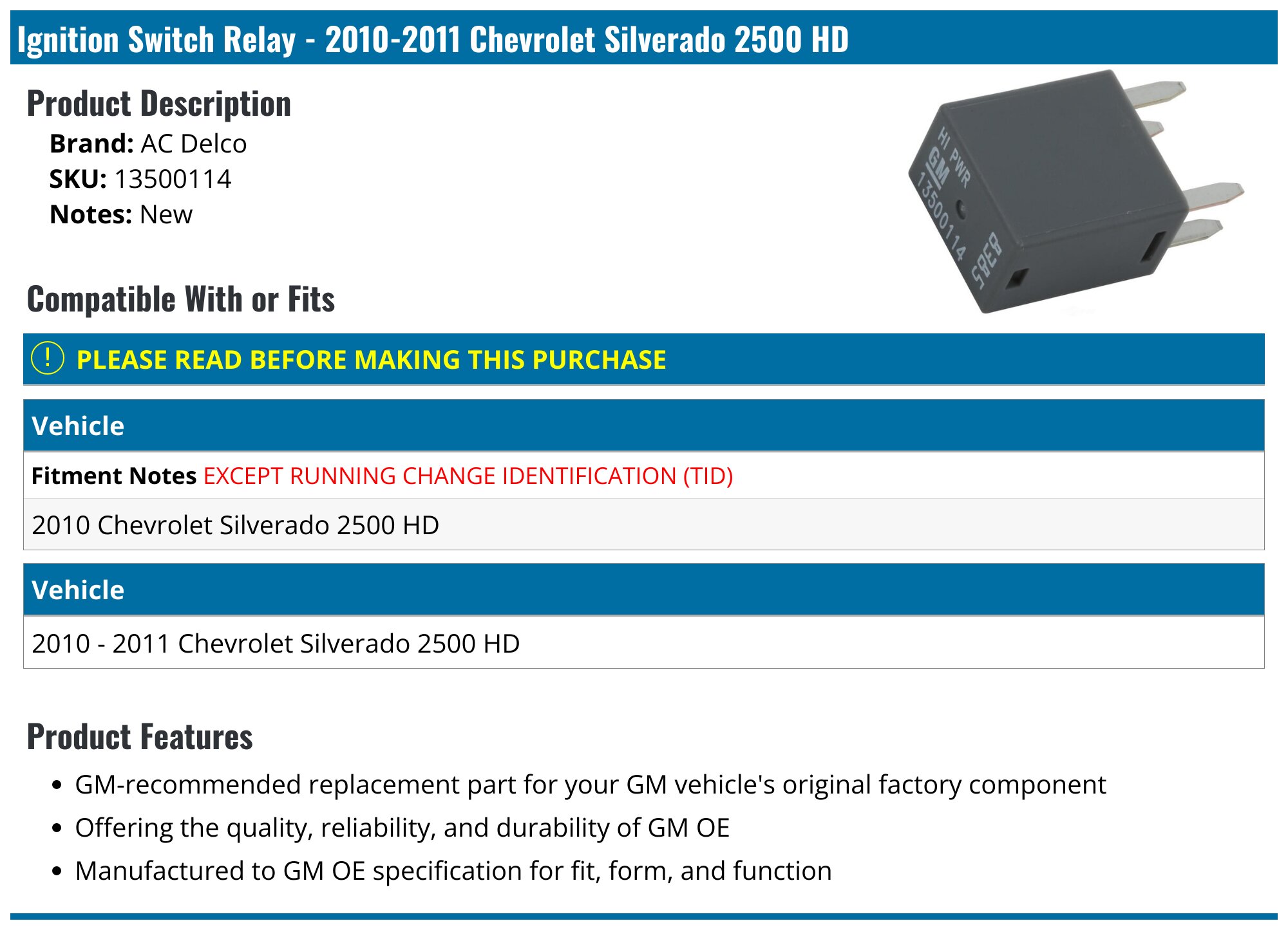 2010-2011 Chevrolet Silverado 2500 HD Ignition Switch Relay - AC Delco ...