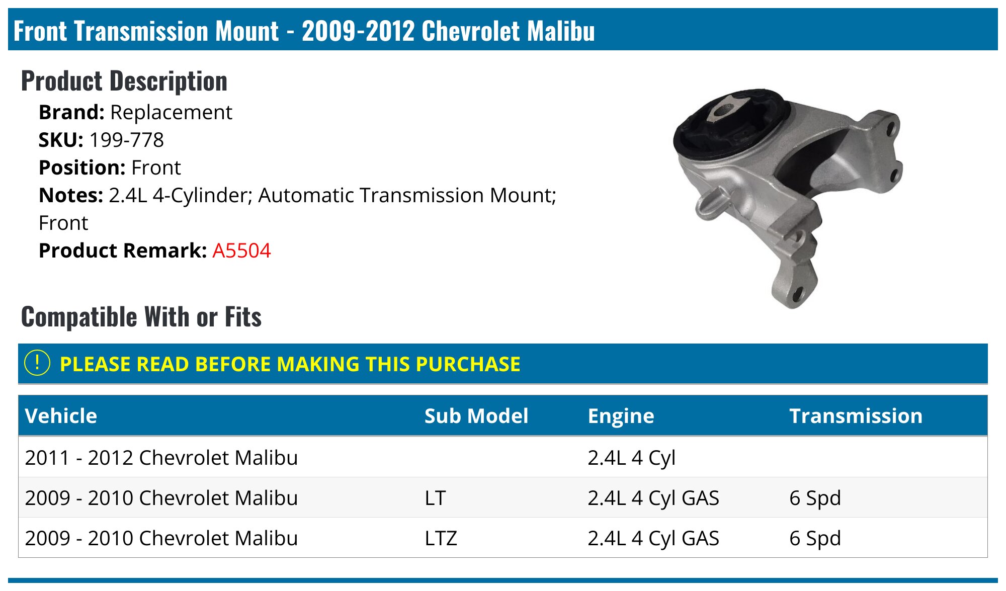 2009-2012 Chevrolet Malibu Transmission Mount - Replacement 199-778 ...