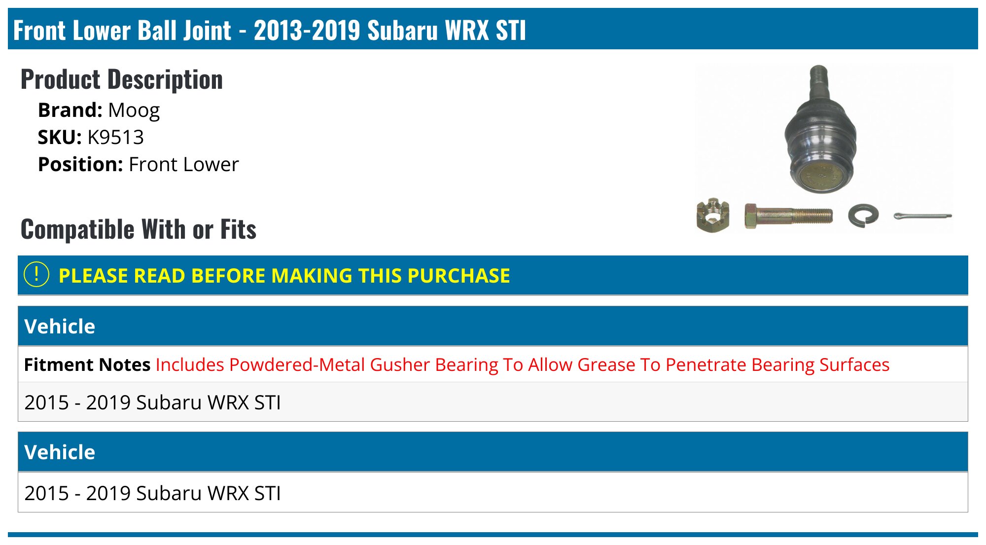 2013-2019 Subaru WRX STI Ball Joint - Moog K9513 - Front Lower ...