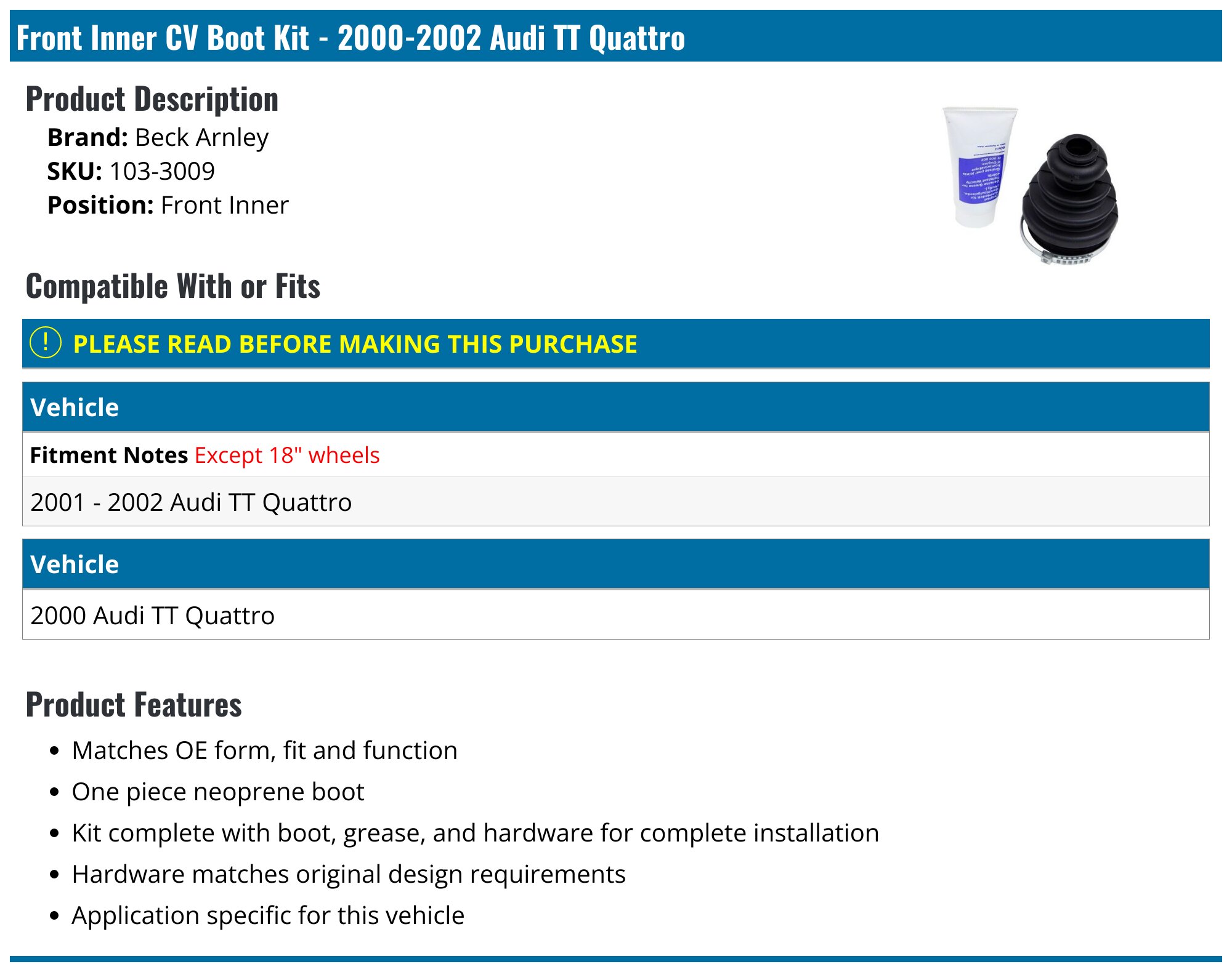 2000-2002 Audi TT Quattro CV Boot - Beck Arnley 103-3009 - Front Inner ...