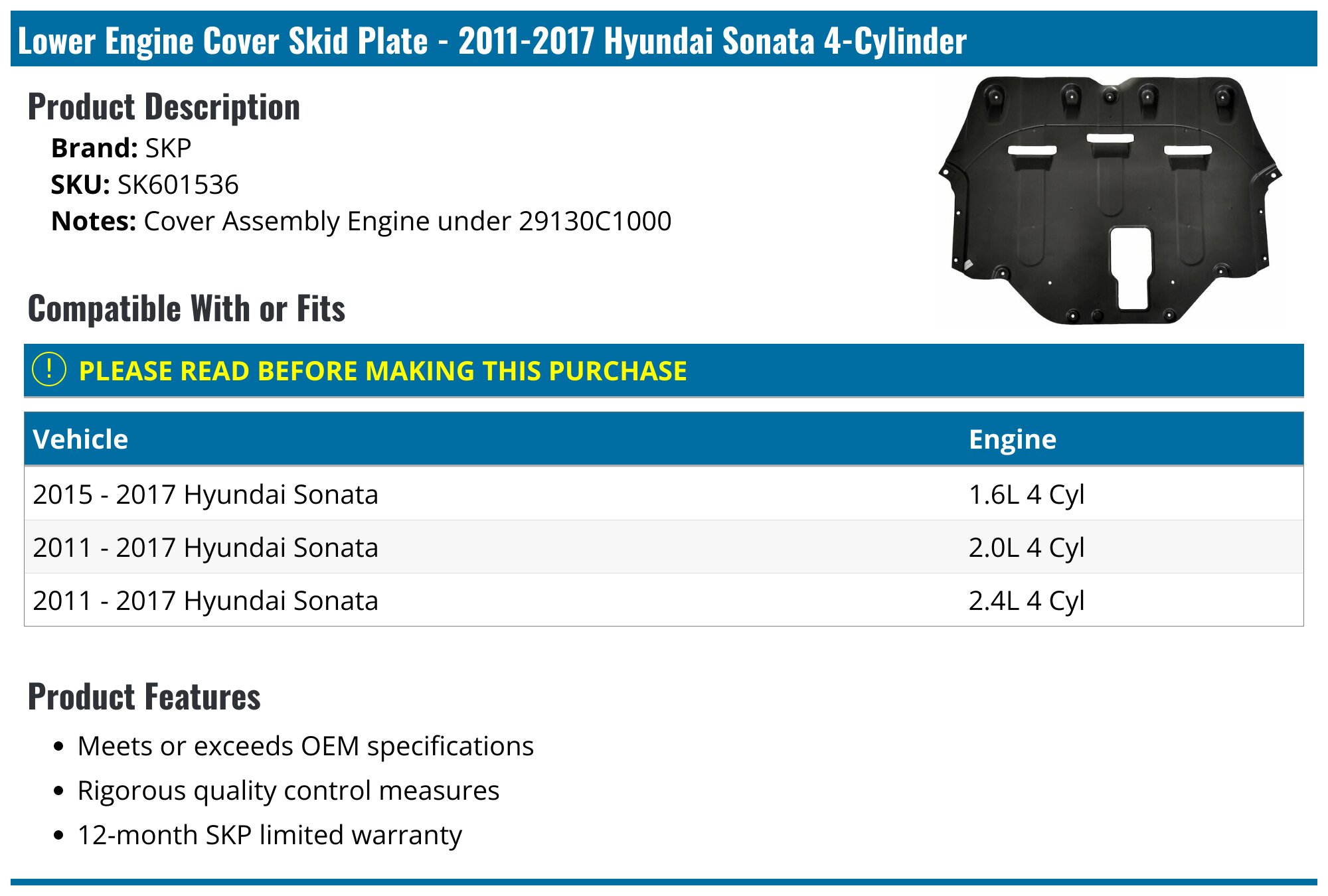 2011-2017 Hyundai Sonata Lower Engine Cover - SKP SK601536 - PartsGeek.com