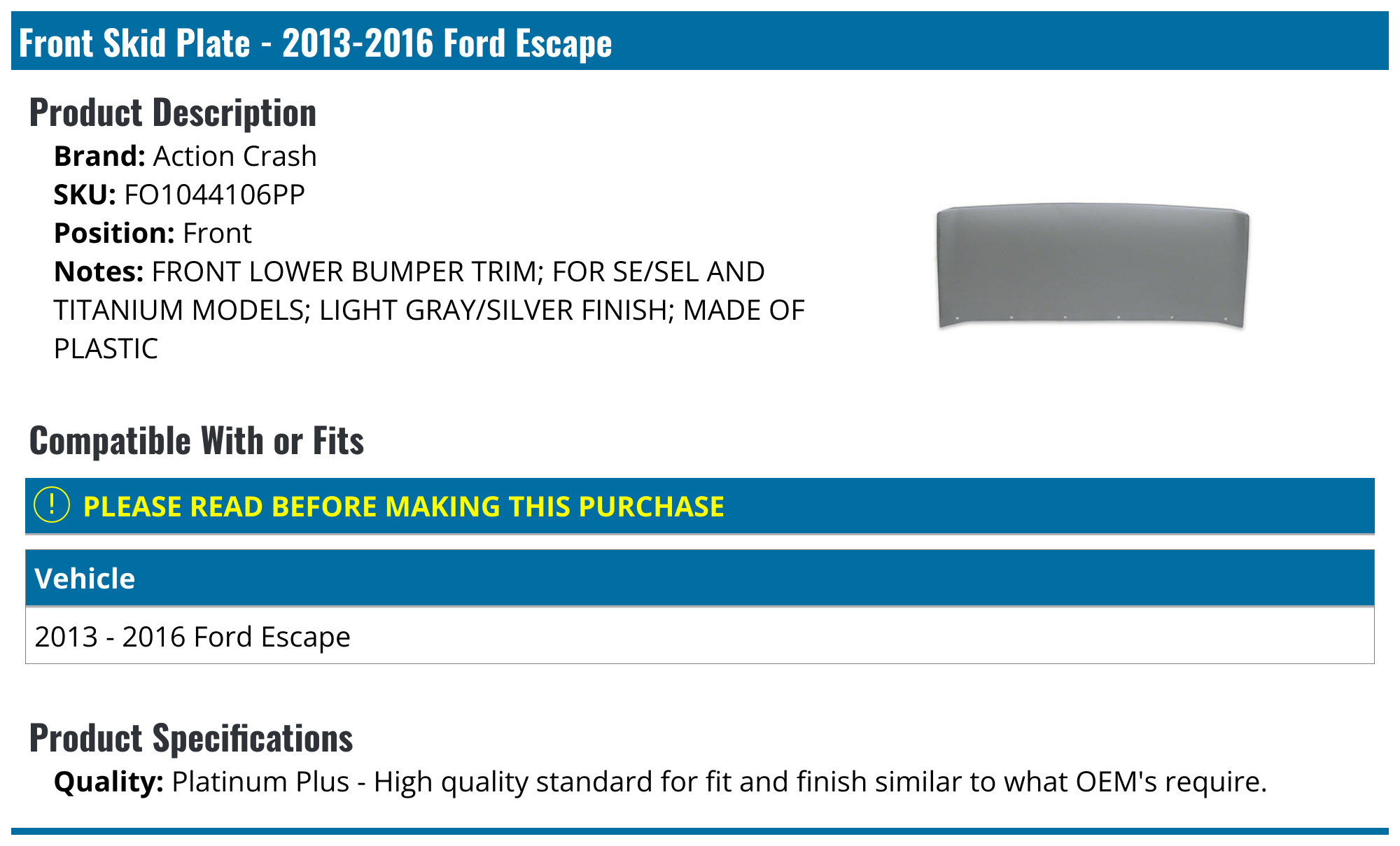 2013-2016 Ford Escape Lower Engine Cover - Action Crash FO1044106PP ...