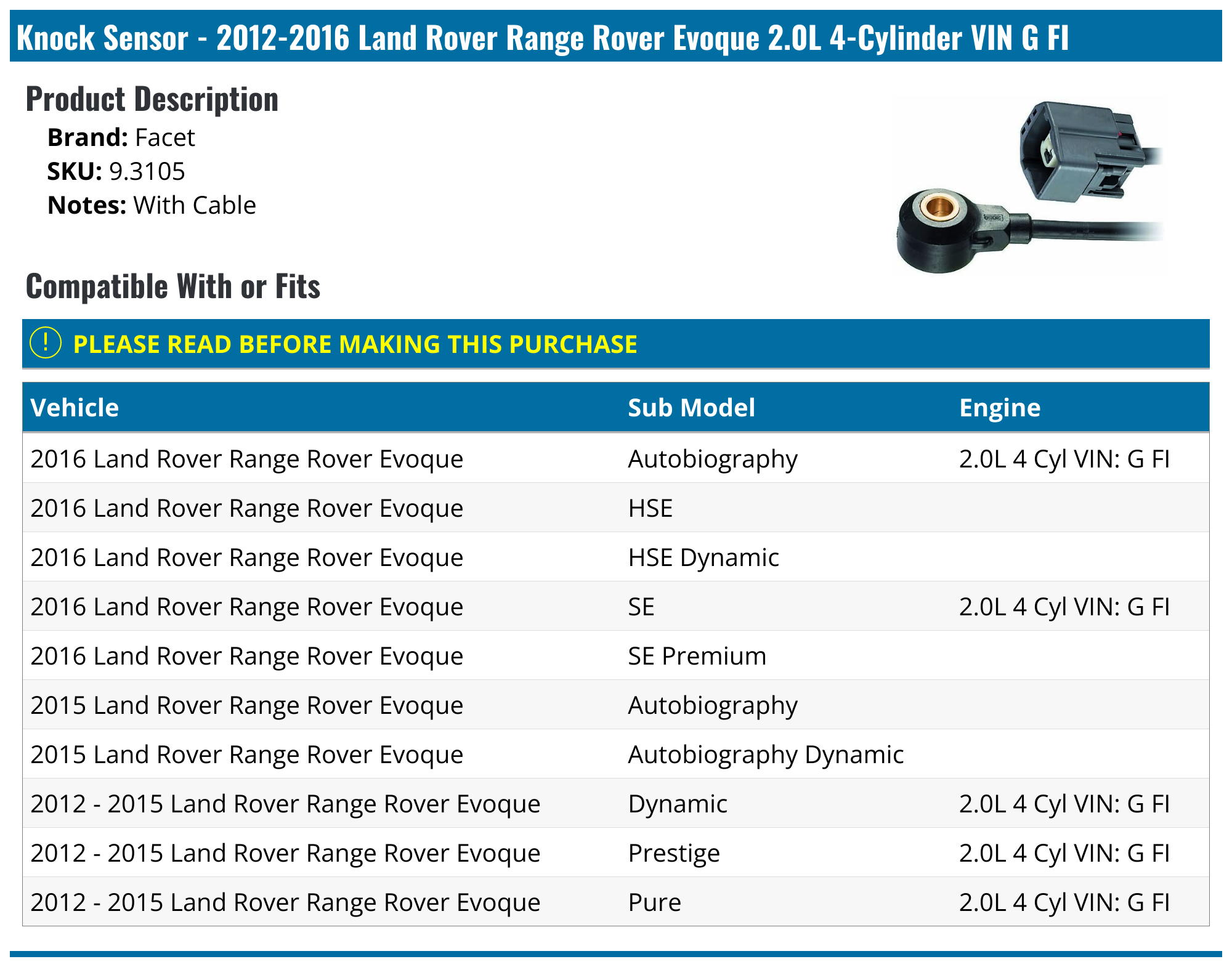 2012-2016 Land Rover Range Rover Evoque Knock Sensor - Facet 9.3105 ...