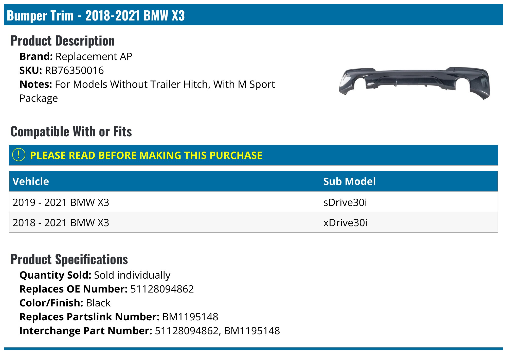 2018-2021 BMW X3 Bumper Trim - Replacement AP RB76350016 - PartsGeek.com