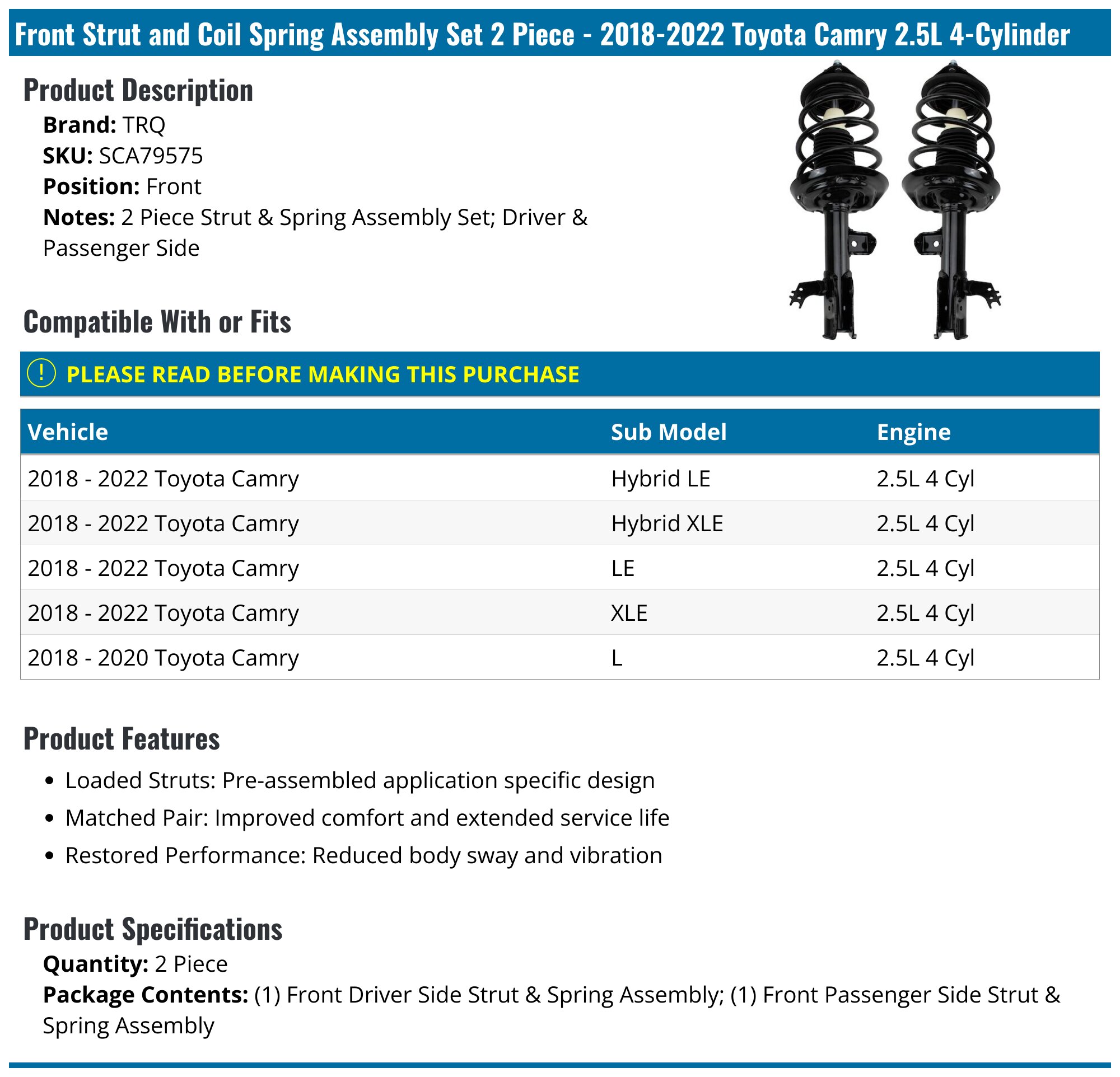 2018-2024 Toyota Camry Strut Assembly - TRQ SCA79575 - Front ...
