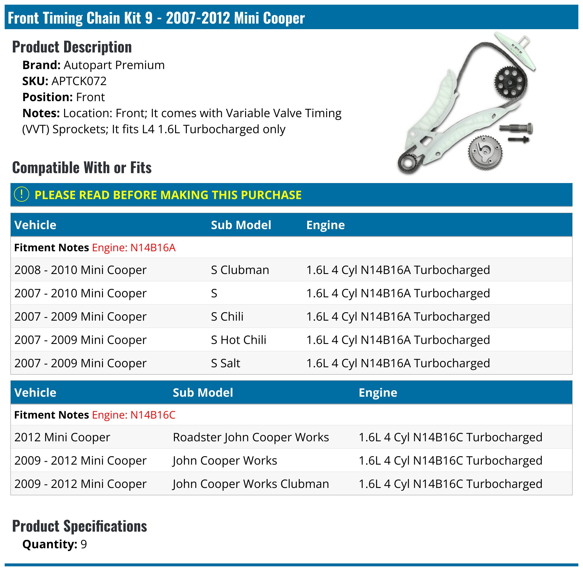 2007-2012 Mini Cooper Timing Chain - Autopart Premium APTCK072 - Front ...