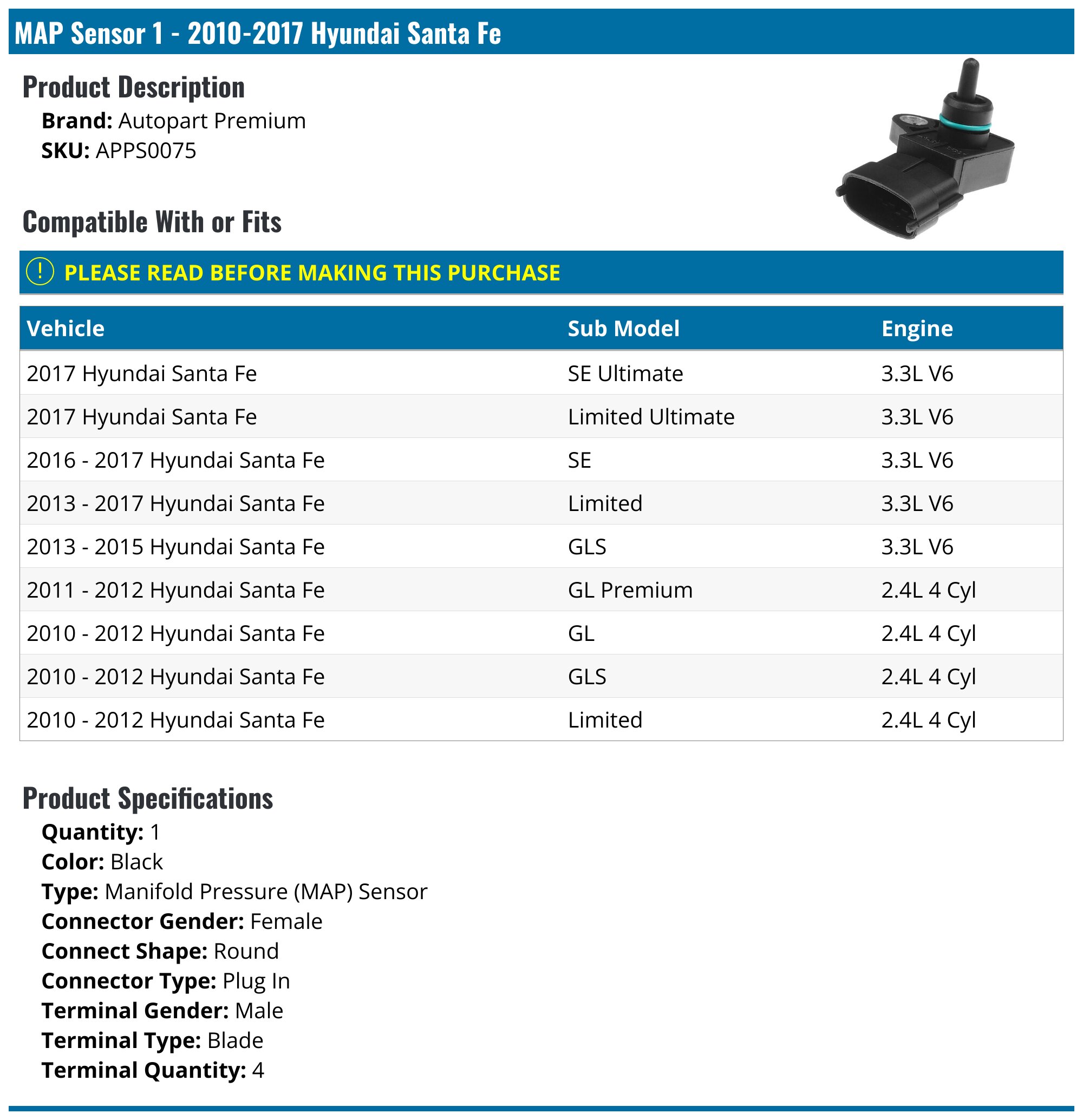 2010-2017 Hyundai Santa Fe MAP Sensor - Autopart Premium APPS0075 ...