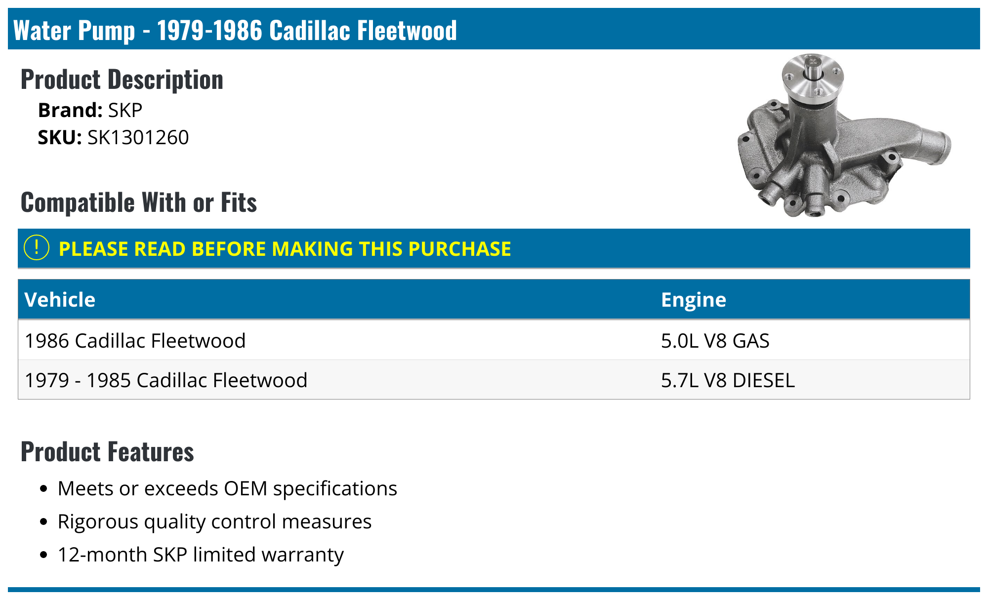 1979-1986 Cadillac Fleetwood Water Pump - SKP SK1301260 - PartsGeek.com