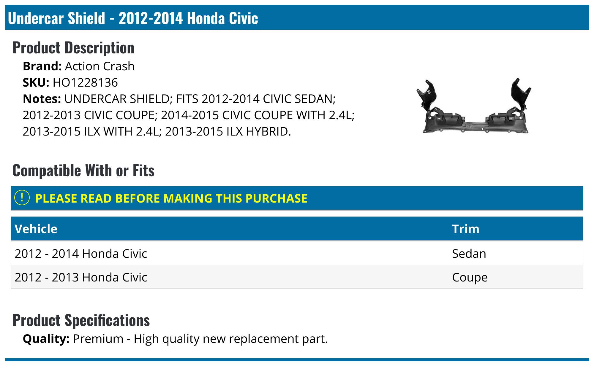 Honda Civic Skid Plate - Engine Cover - Action Crash Dorman Autopart ...