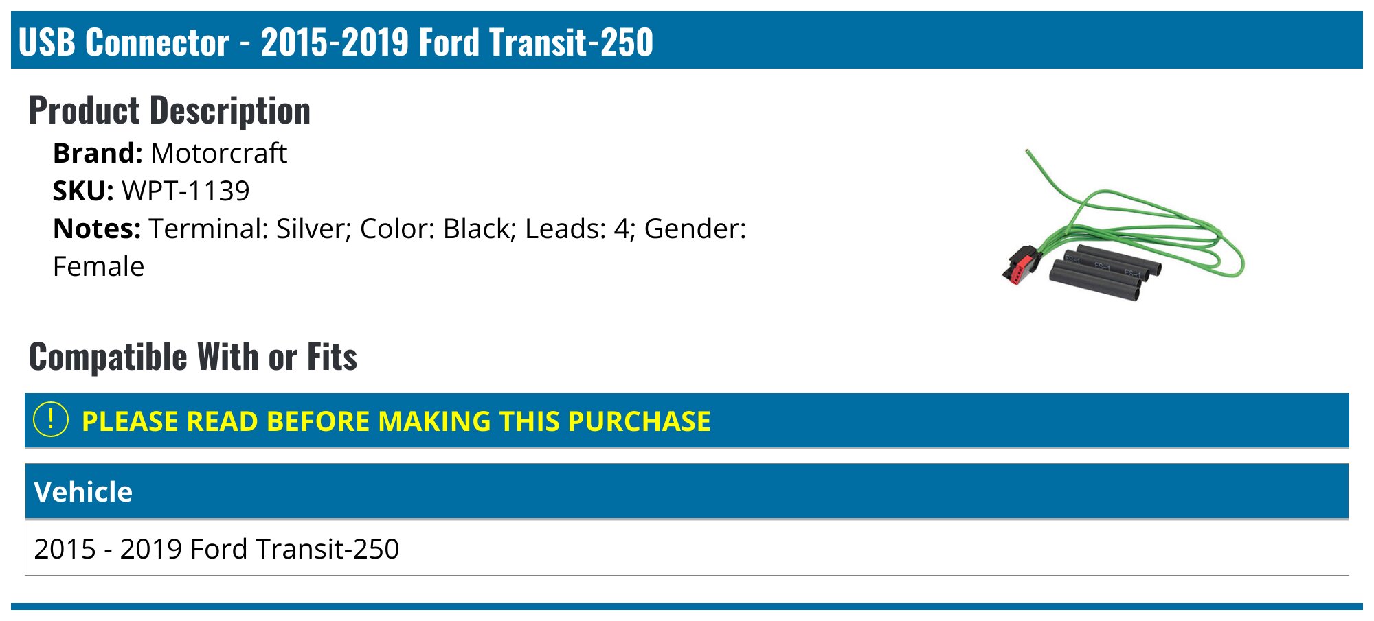 2015-2019 Ford Transit-250 USB Connector - Motorcraft WPT-1139 ...