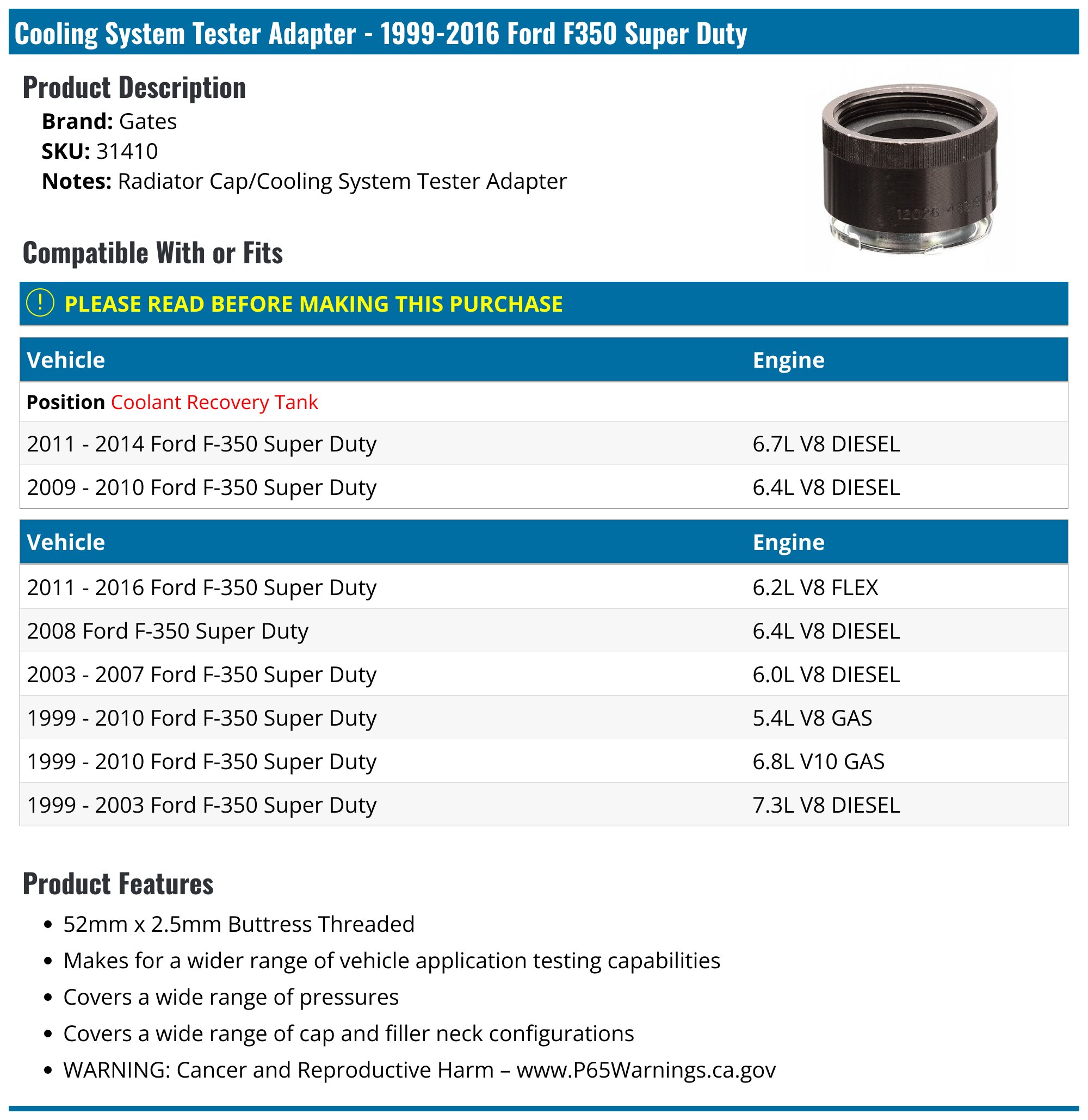 1999-2016 Ford F350 Super Duty Cooling System Tester Adapter - Gates ...