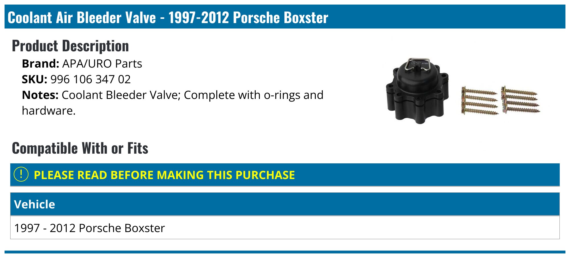 1997-2012 Porsche Boxster Coolant Air Bleeder Valve - APA/URO Parts 996 ...