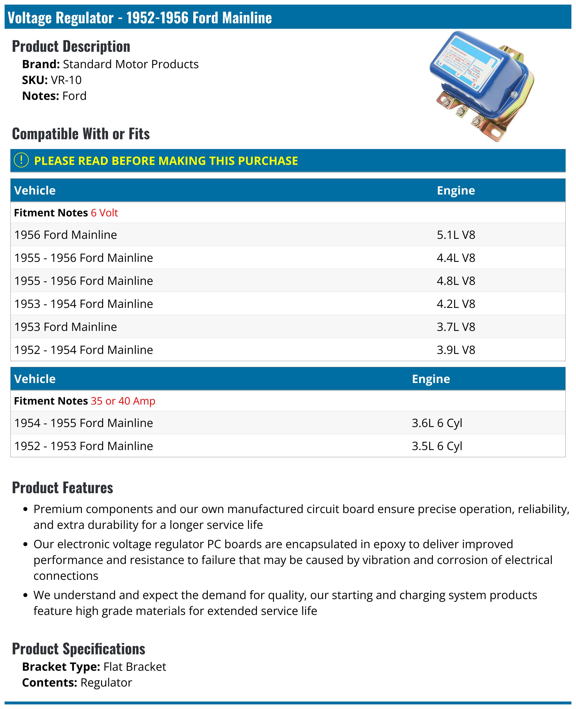1952-1956 Ford Mainline Voltage Regulator - Standard Motor Products VR ...