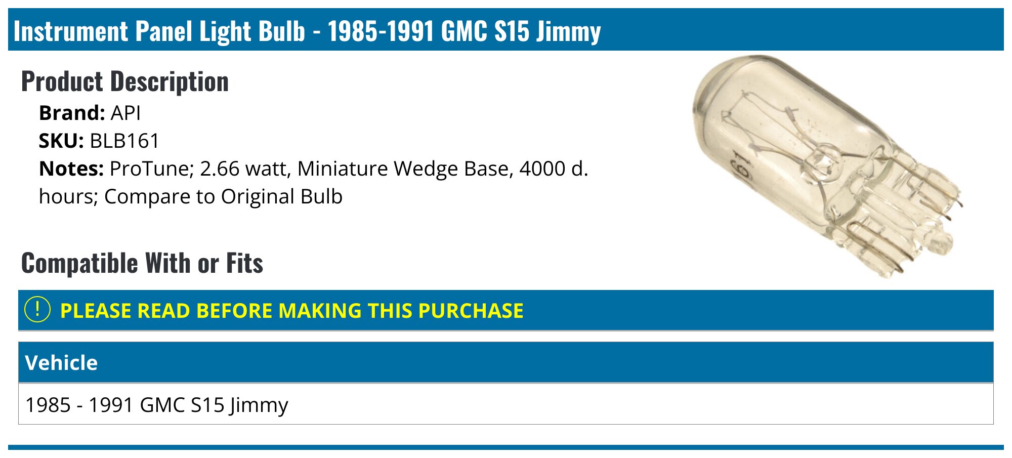 1985-1991 GMC S15 Jimmy Instrument Panel Light Bulb - API 4176-07781259 ...