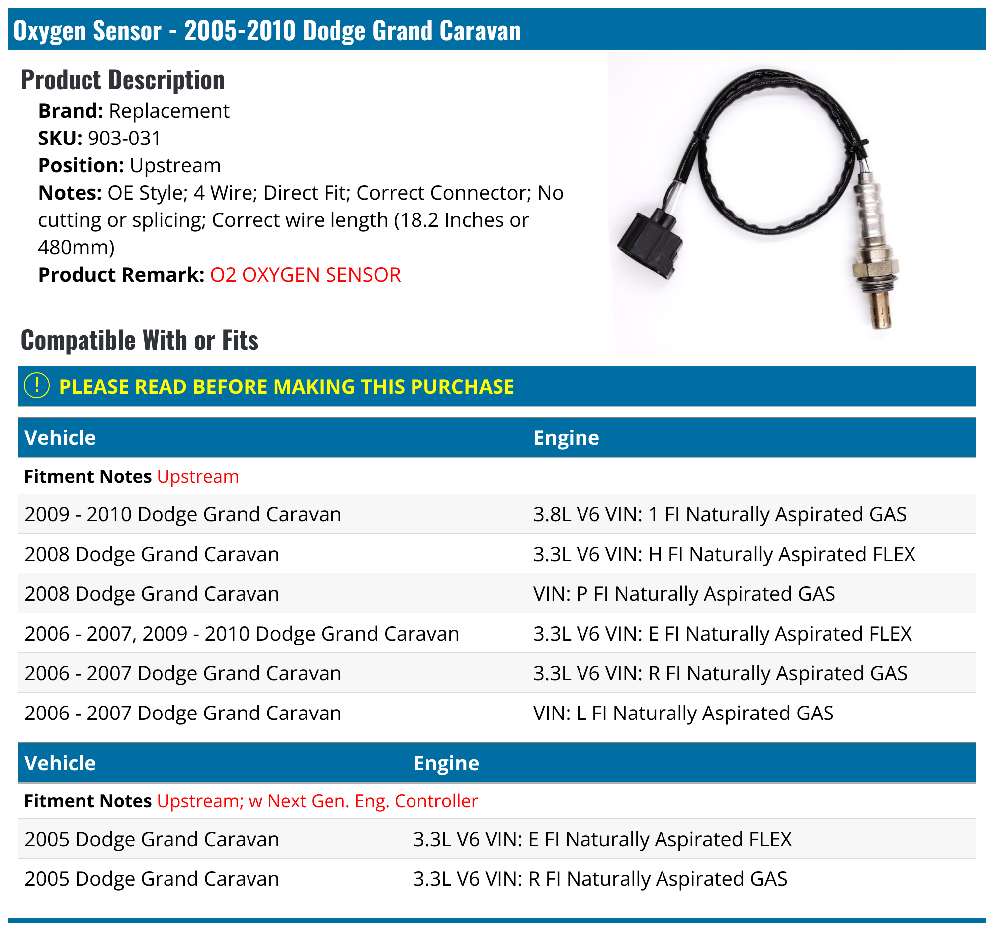 2005-2010 Dodge Grand Caravan Oxygen Sensor - Replacement 903-031 ...