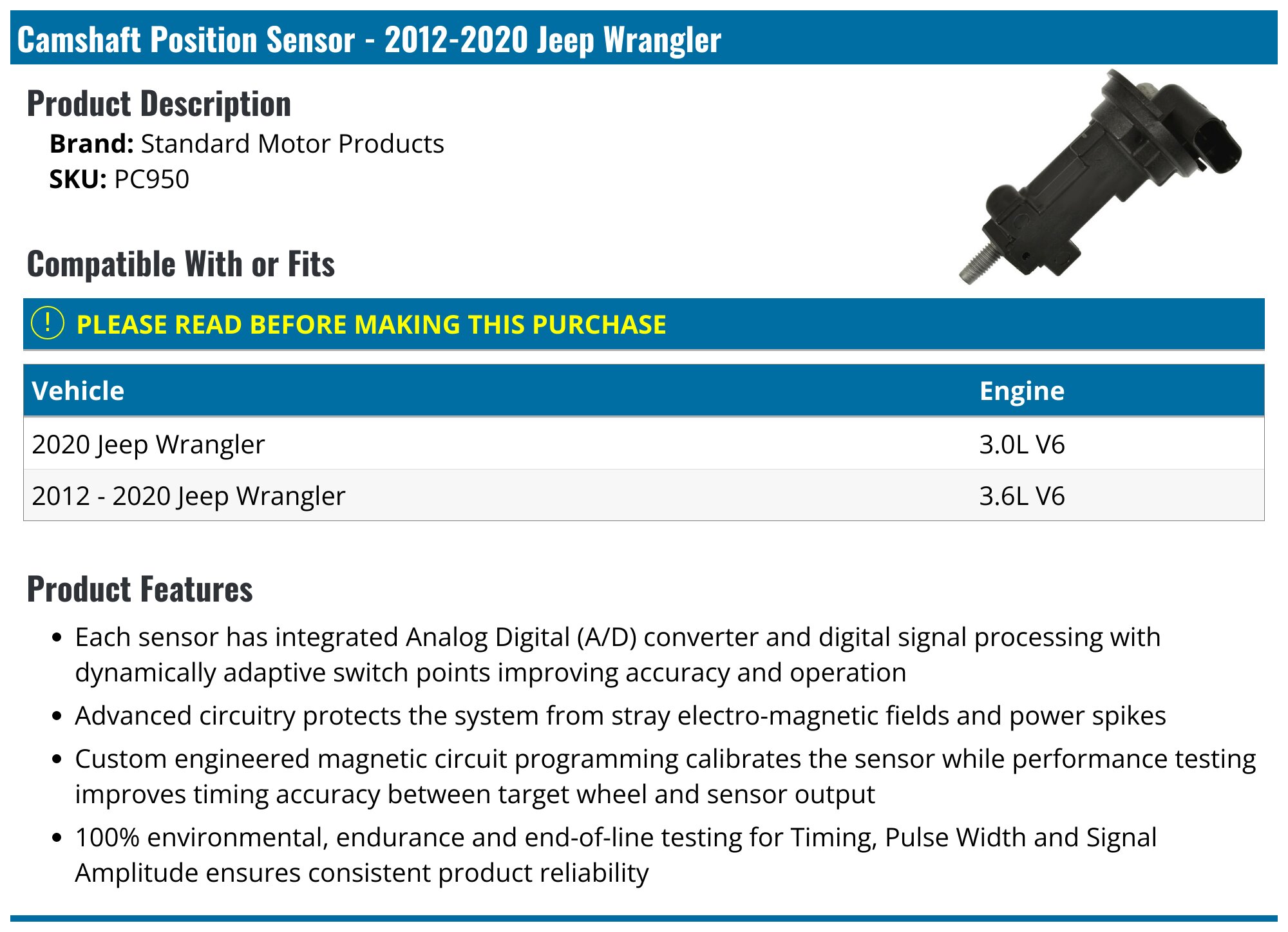 2012-2025 Jeep Wrangler Camshaft Position Sensor - Standard Motor ...