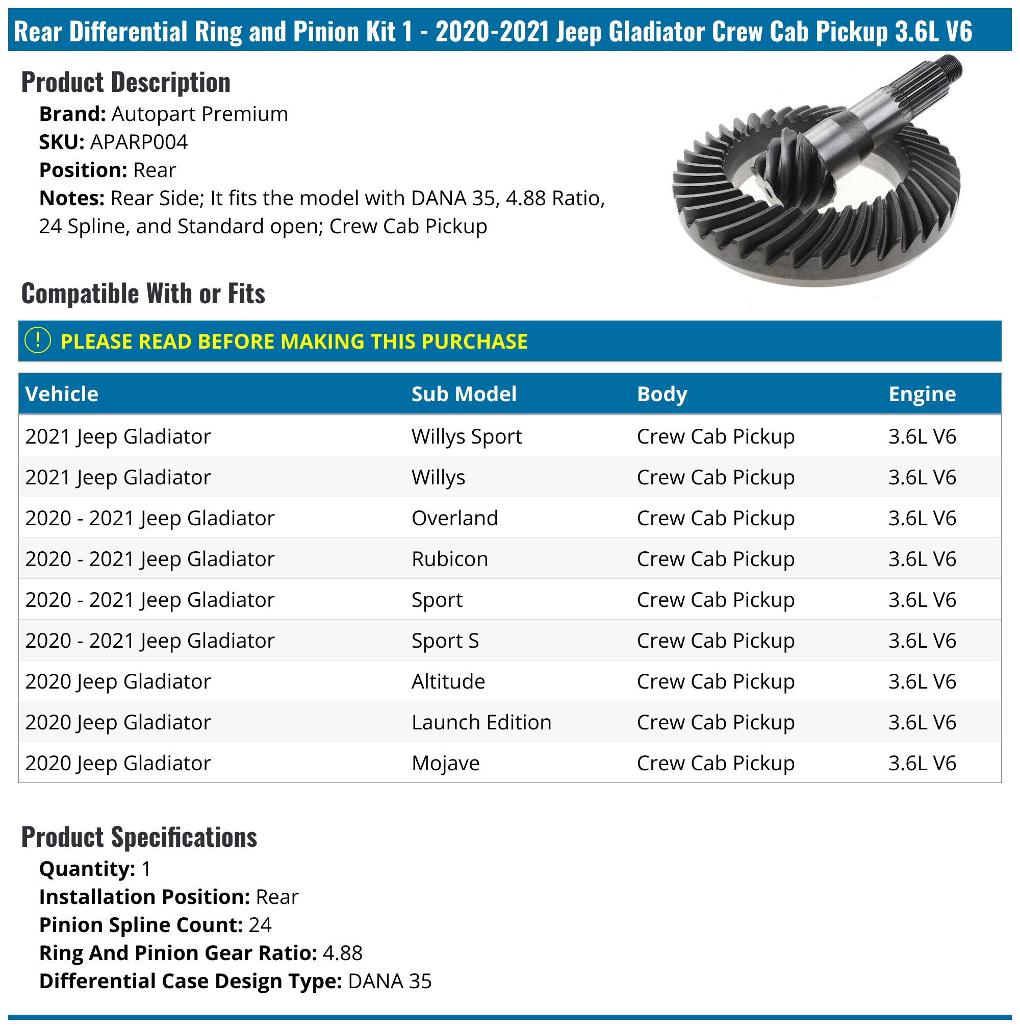 2020-2021 Jeep Gladiator Differential Ring and Pinion - Autopart ...