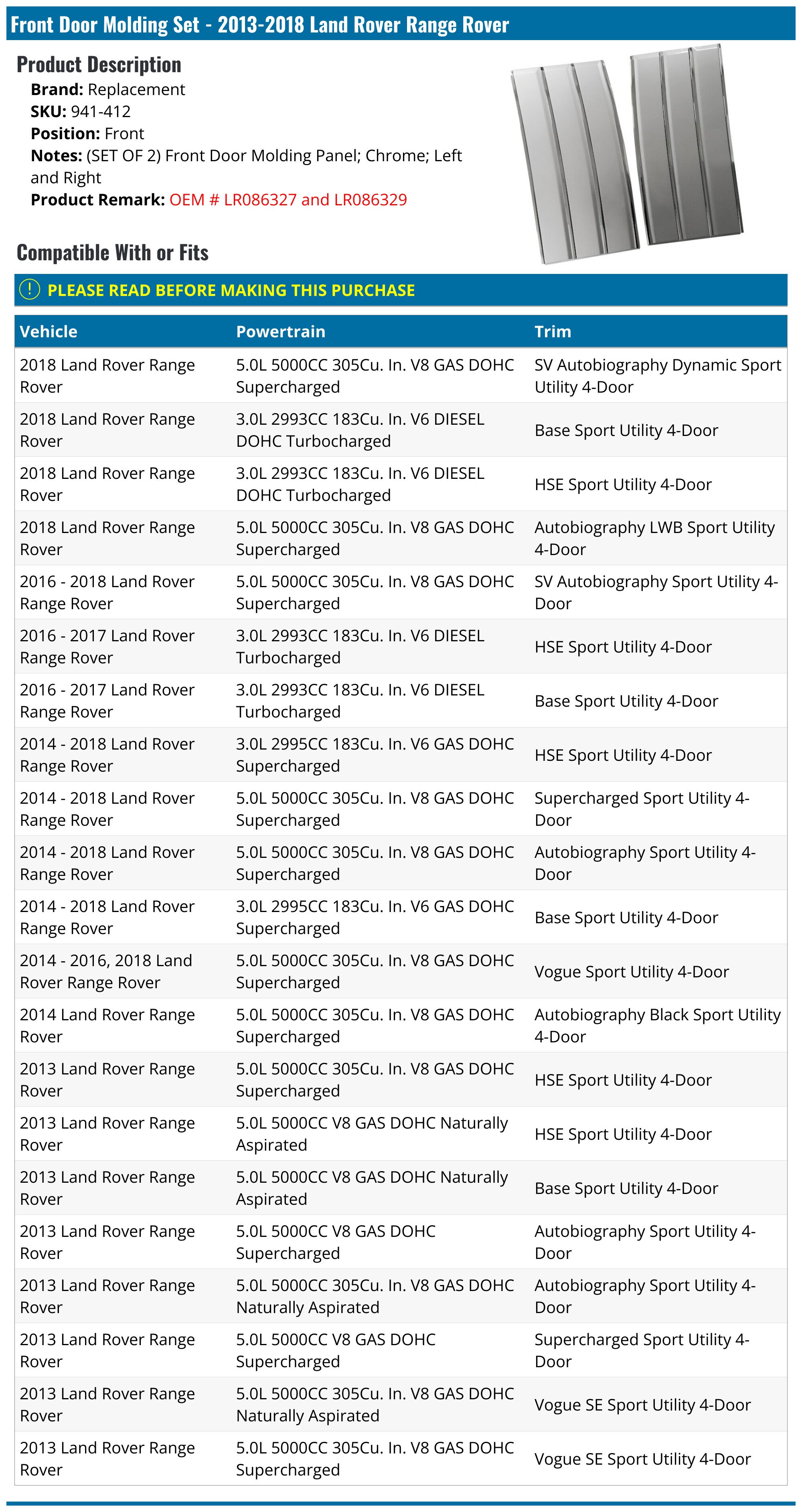 2013-2018 Land Rover Range Rover Door Molding - Replacement 941-412 ...