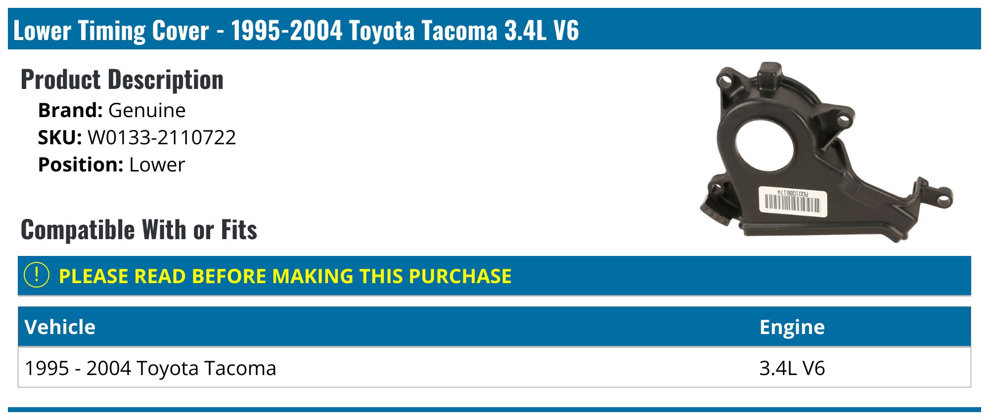 1995-2004 Toyota Tacoma Timing Cover - Genuine W0133-2110722 ...