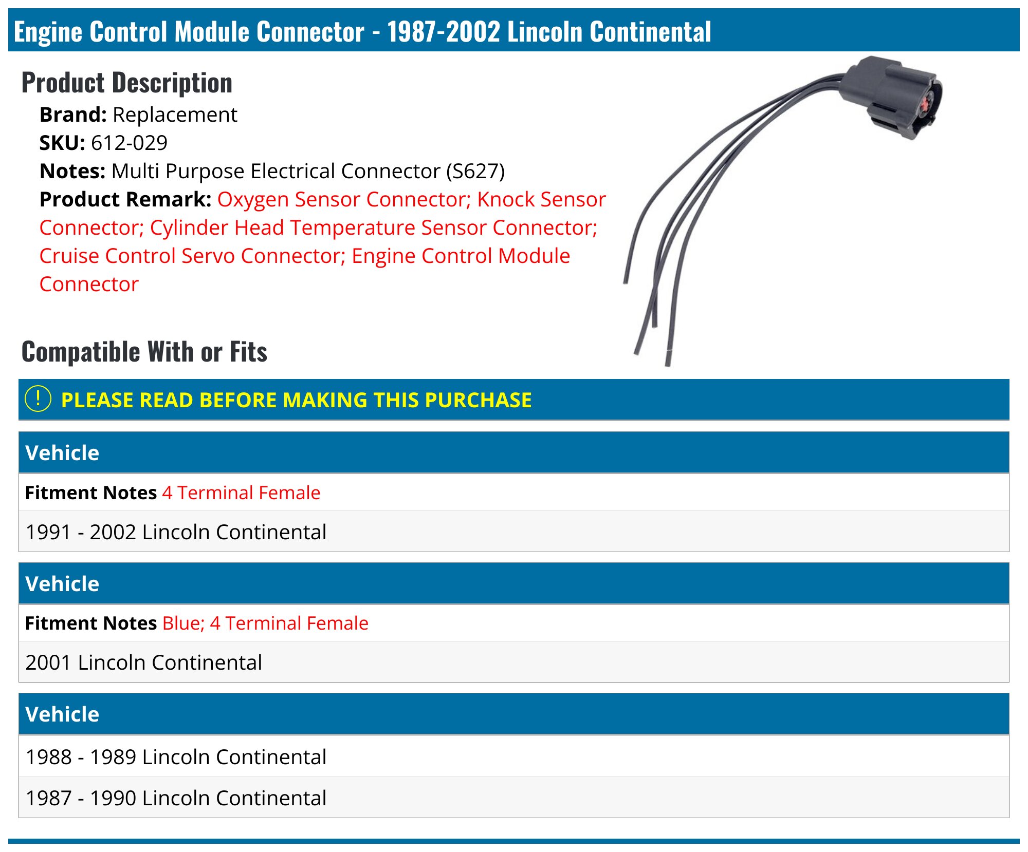 1987-2002 Lincoln Continental Engine Control Module Connector - Replacement 612-029 - PartsGeek.com