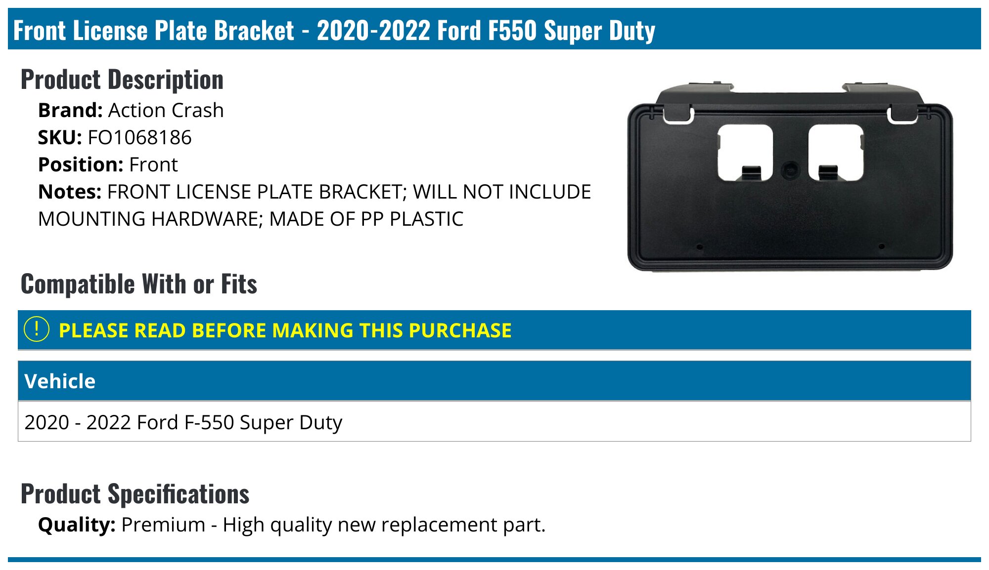 2020-2022 Ford F550 Super Duty License Plate Bracket - Action Crash ...