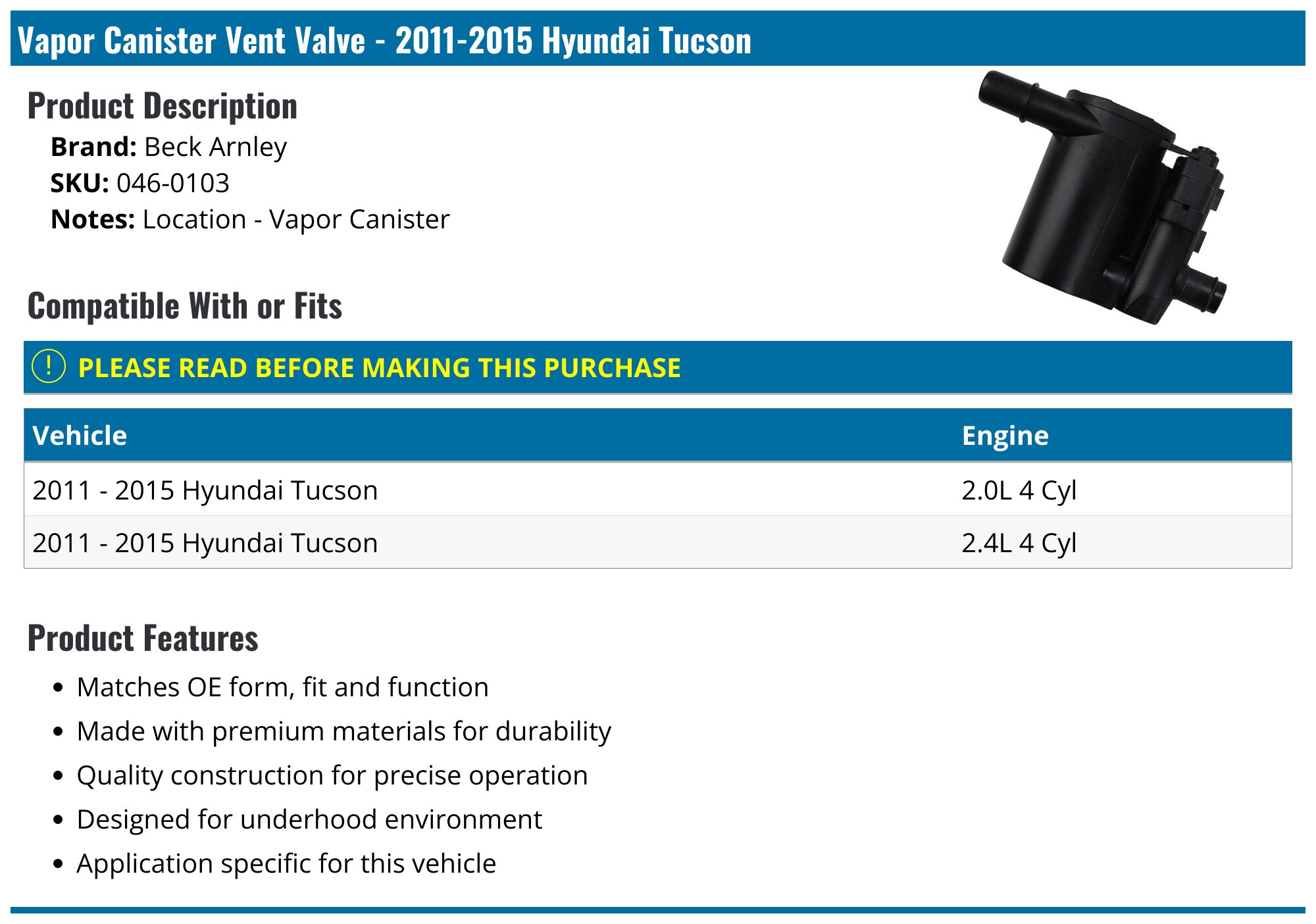 2011-2015 Hyundai Tucson Vapor Canister Vent Valve - Beck Arnley 046 ...