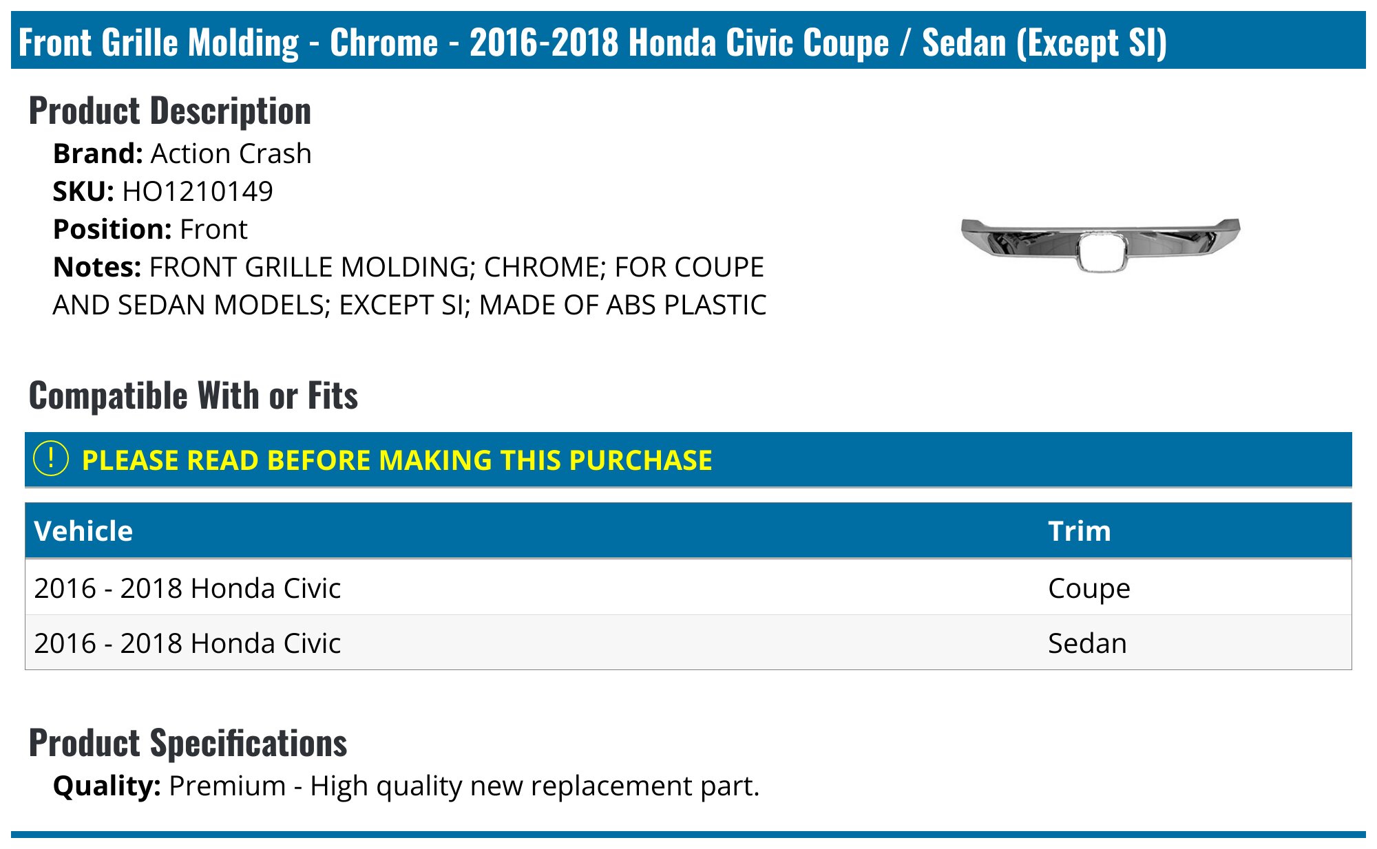 2016-2018 Honda Civic Grille Molding - Action Crash HO1210149 - Front ...