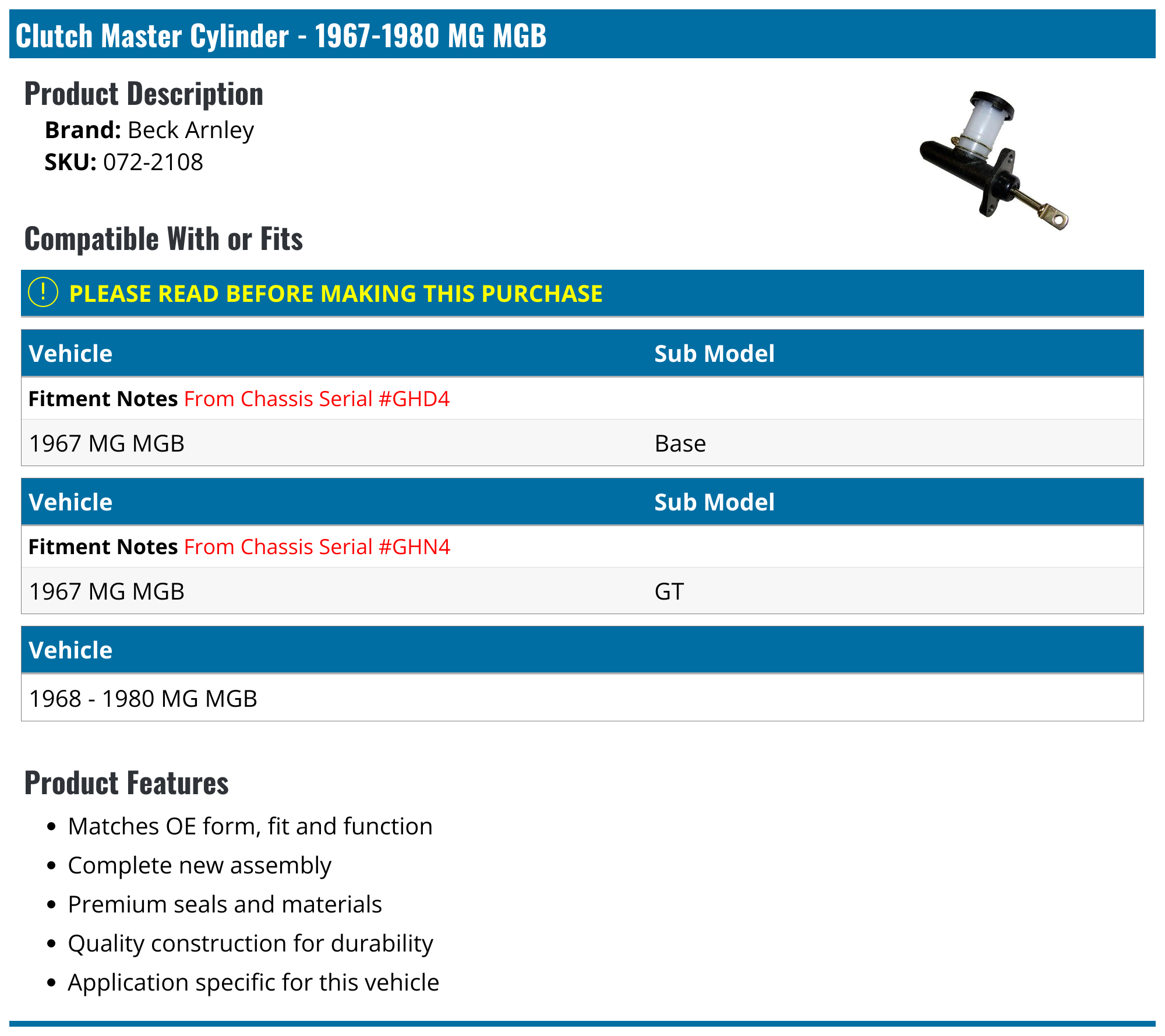 1967-1980 MG MGB Clutch Master Cylinder - Beck Arnley 072-2108 ...