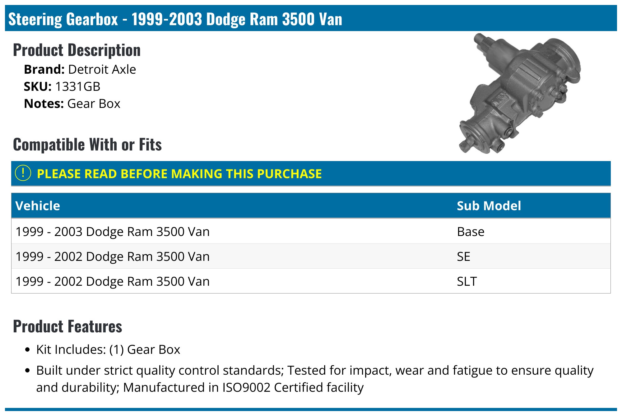 1999-2003 Dodge Ram 3500 Van Steering Gear - Detroit Axle 1331GB ...