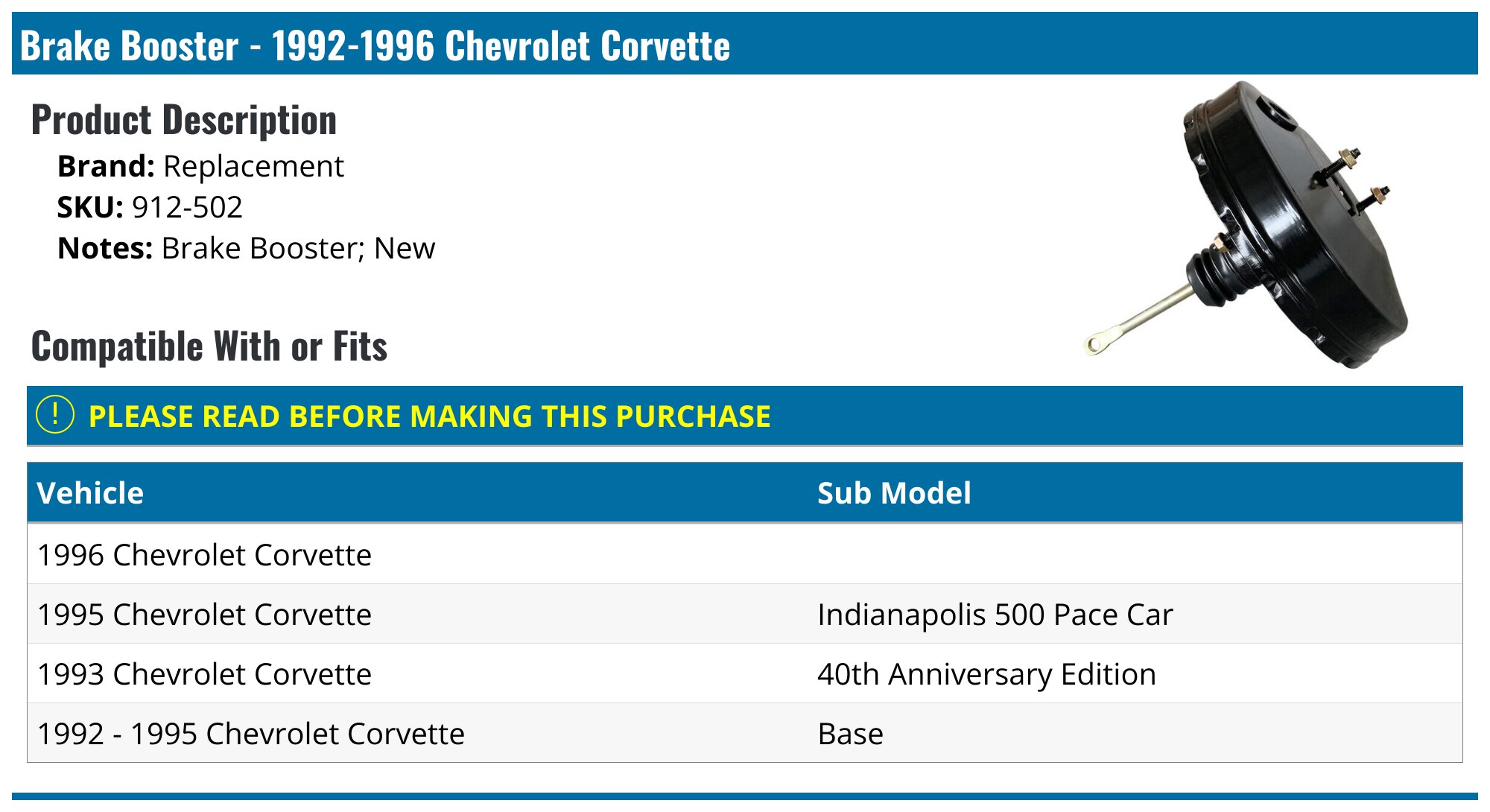 1992-1996 Chevrolet Corvette Brake Booster - Replacement 912-502 ...
