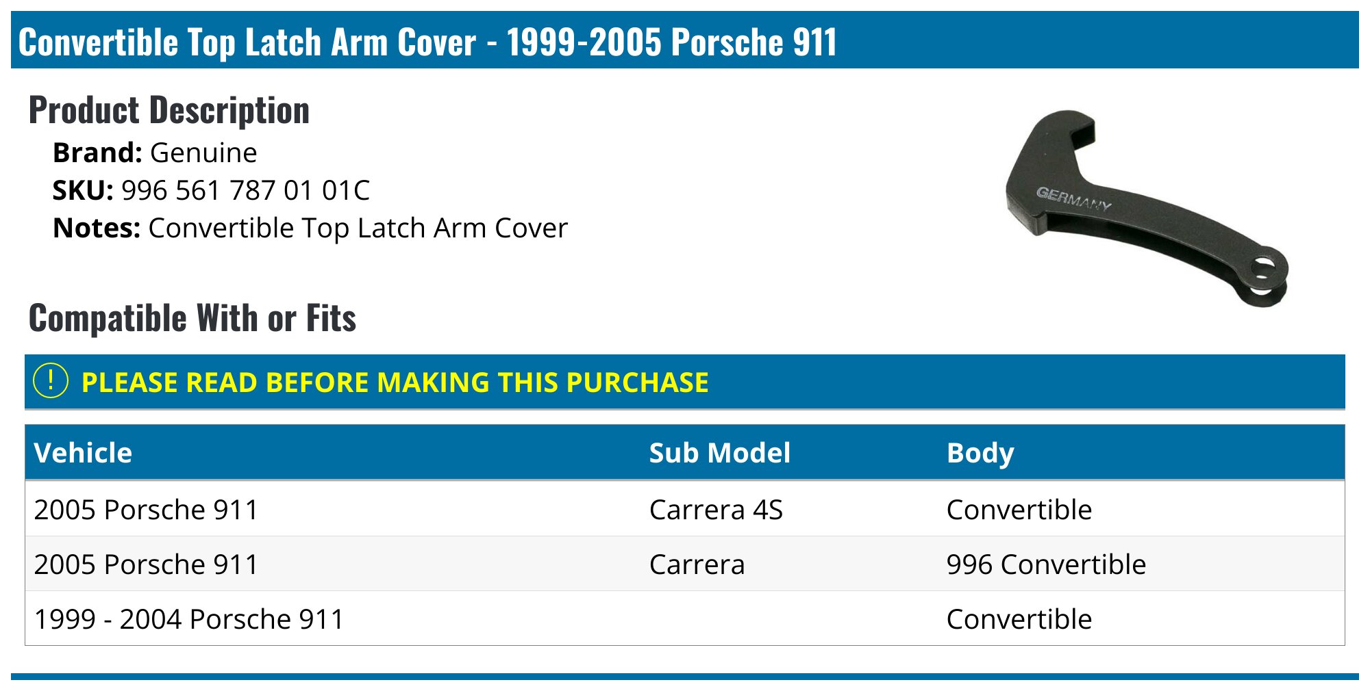 1999-2005 Porsche 911 Convertible Top Latch Arm Cover - Genuine 996 561 ...
