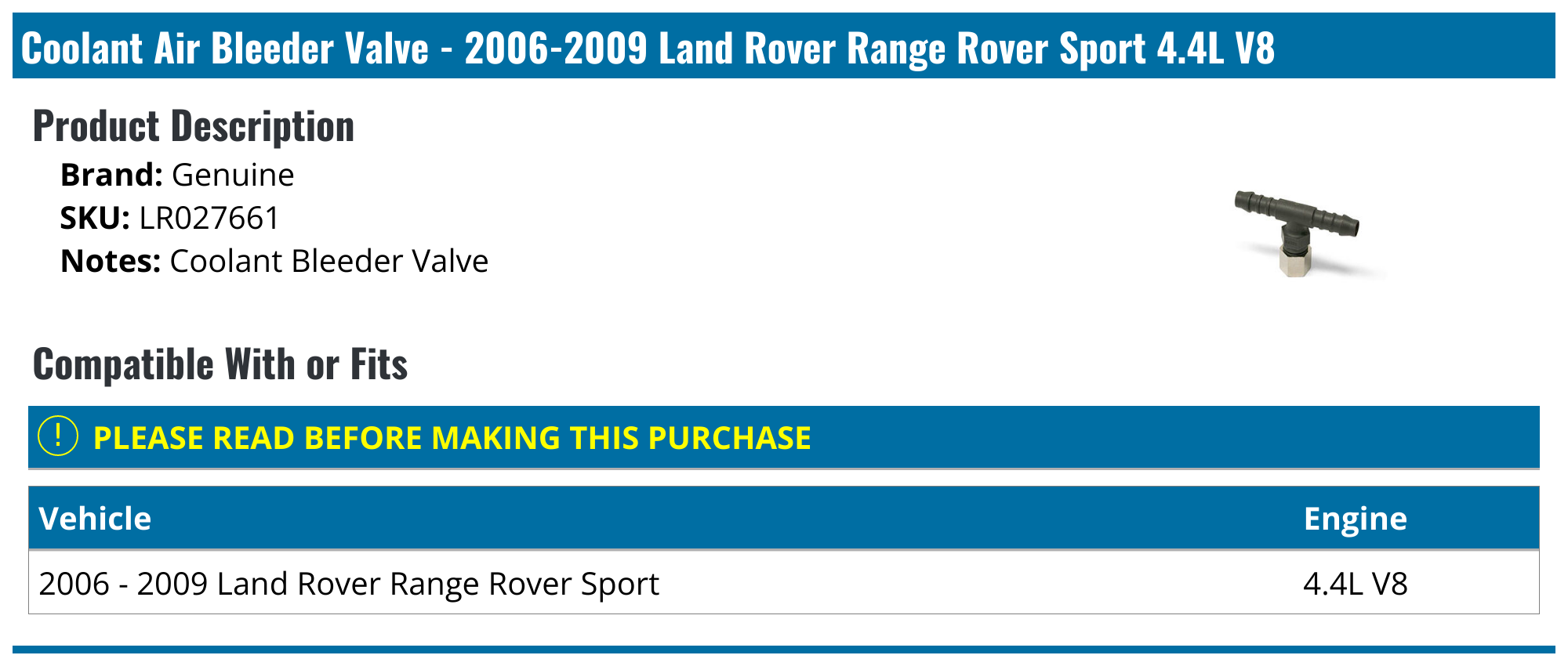2006-2009 Land Rover Range Rover Sport Coolant Air Bleeder Valve ...