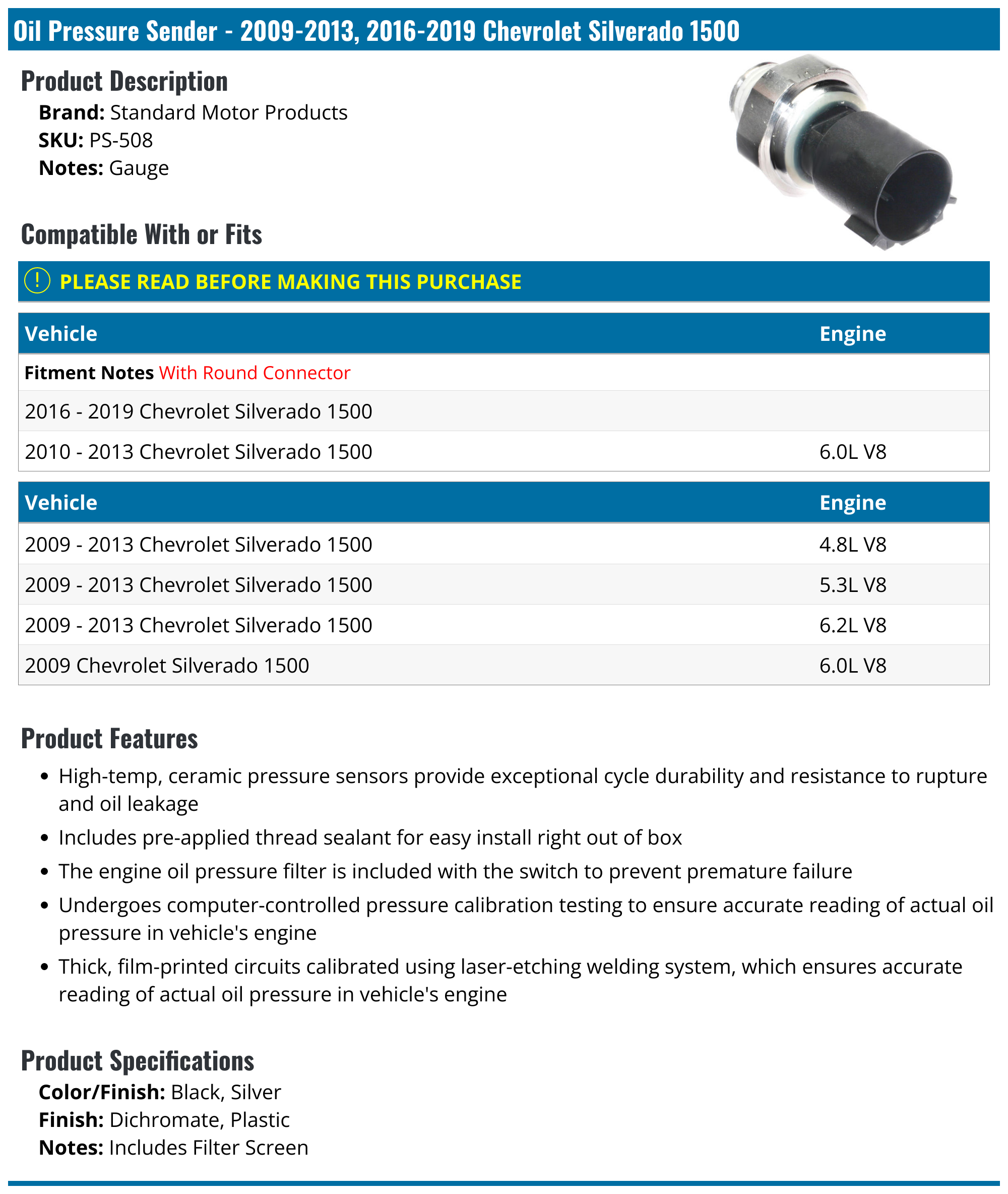 2009-2013, 2016-2019, 2022 Chevrolet Silverado 1500 Oil Pressure Sender ...