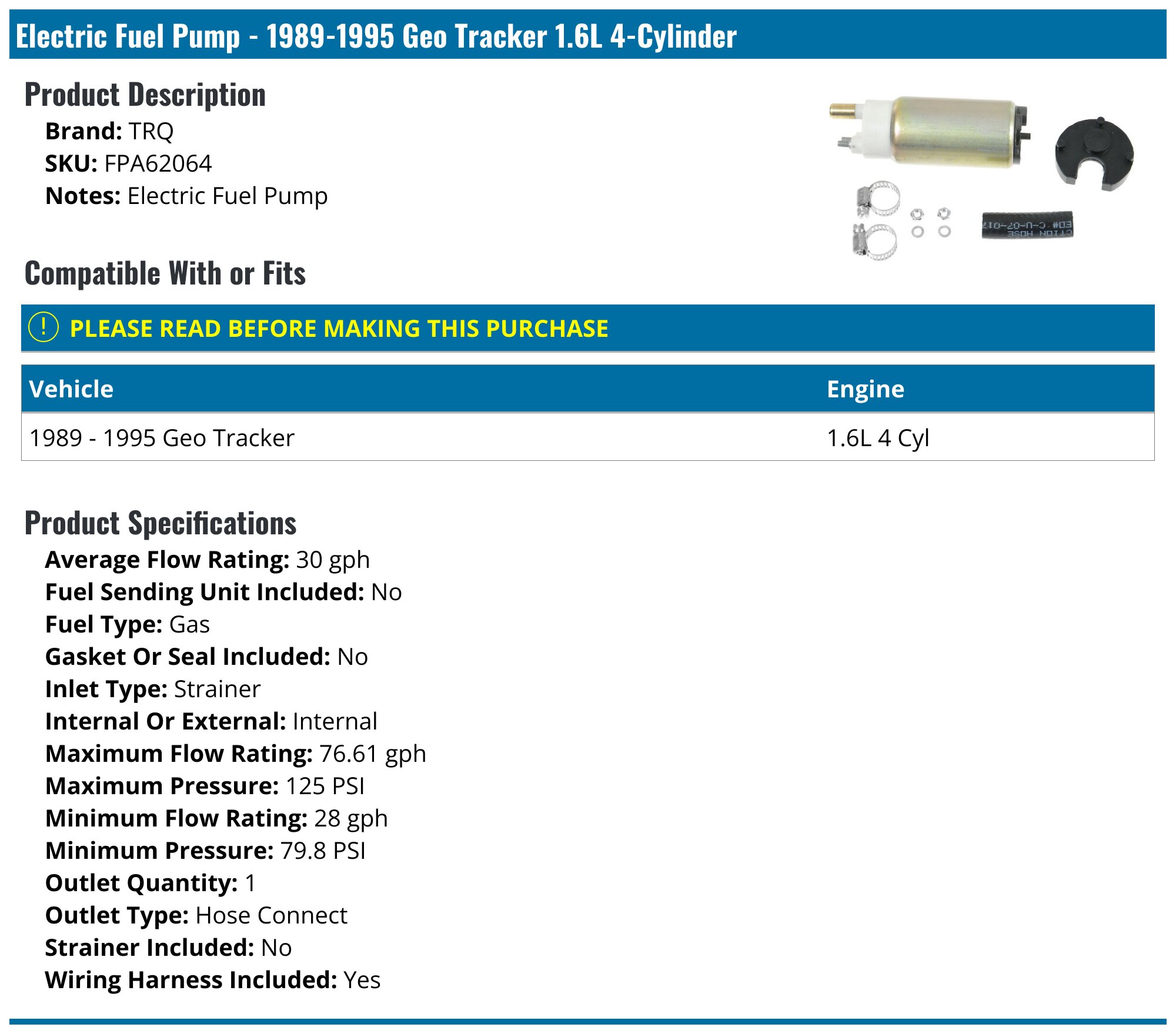 1989-1995 Geo Tracker Fuel Pump - TRQ FPA62064 - In-Tank - PartsGeek.com