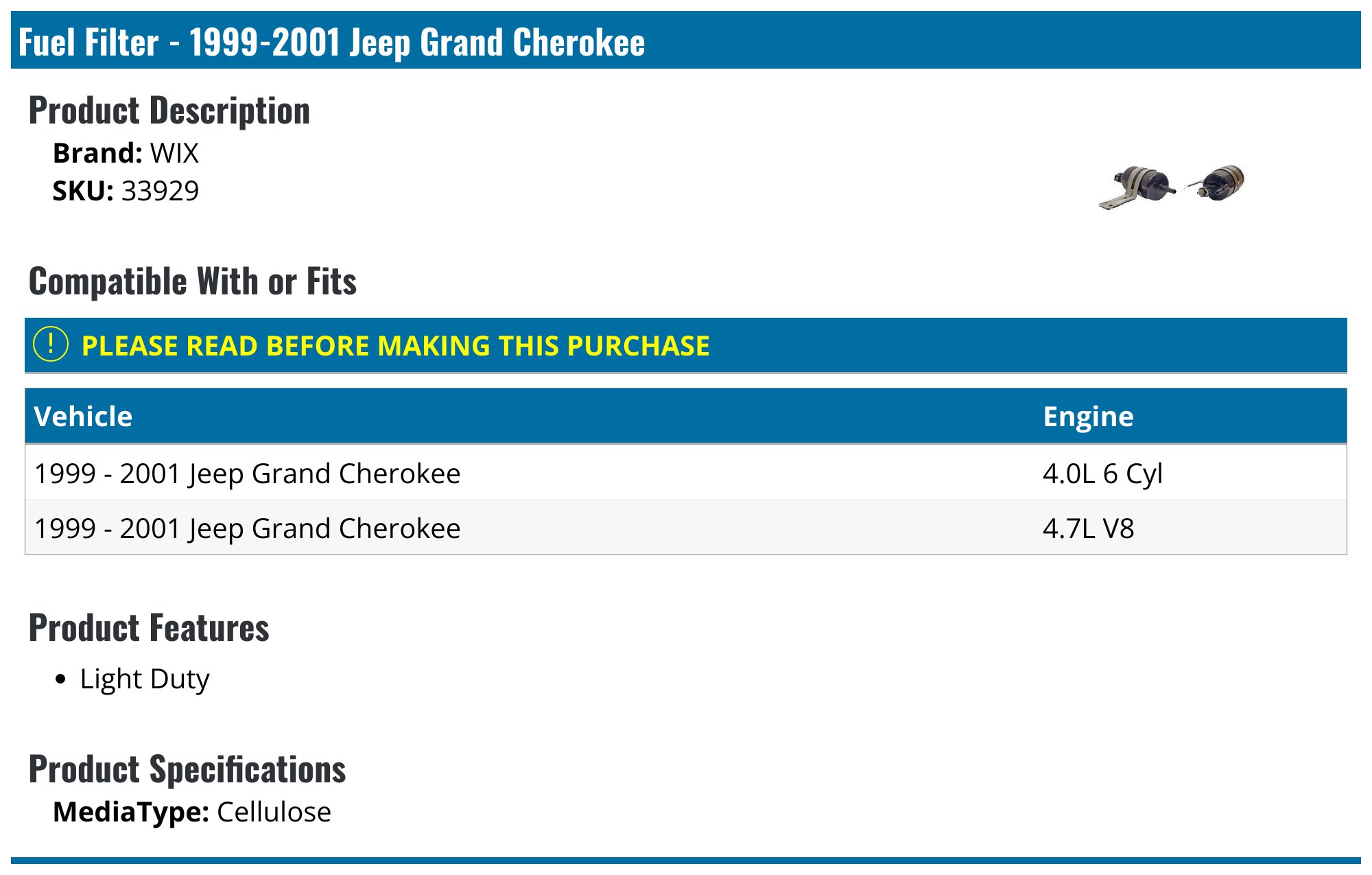 1999-2001 Jeep Grand Cherokee Fuel Filter - WIX 33929 - PartsGeek.com