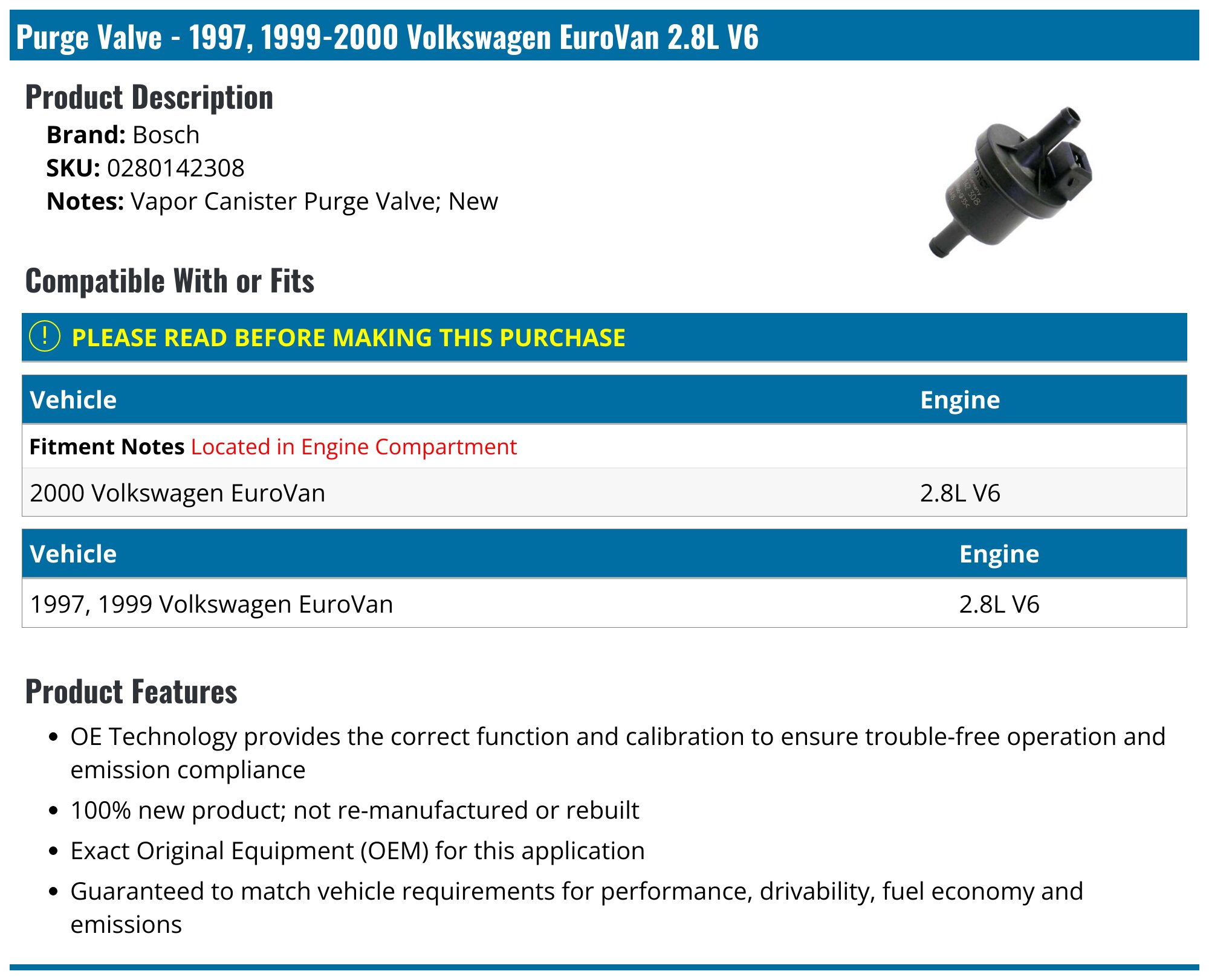 1997, 1999-2000 Volkswagen EuroVan Purge Valve - Bosch 0280142308 ...