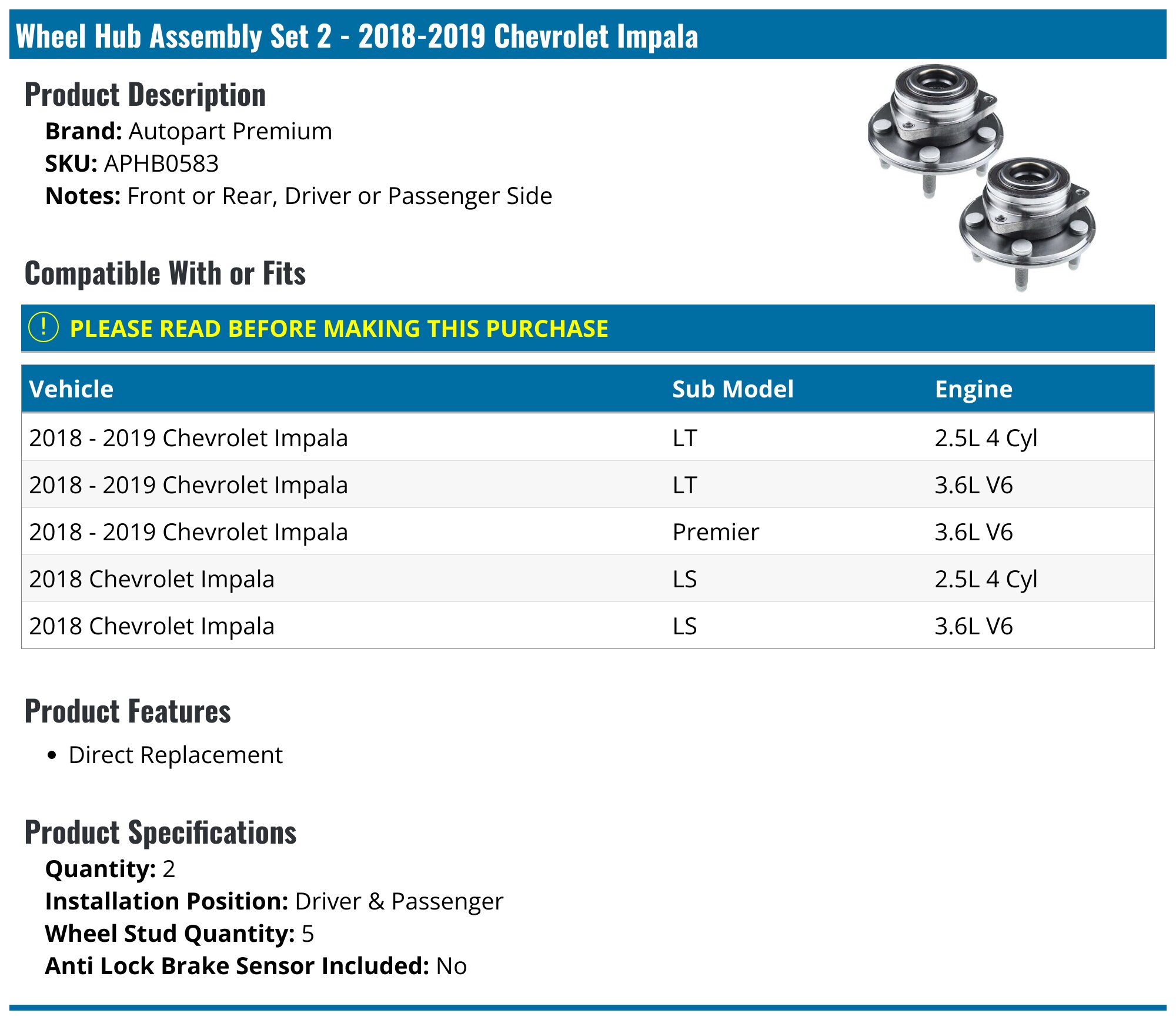 2018-2019 Chevrolet Impala Wheel Hub Assembly - Autopart Premium ...