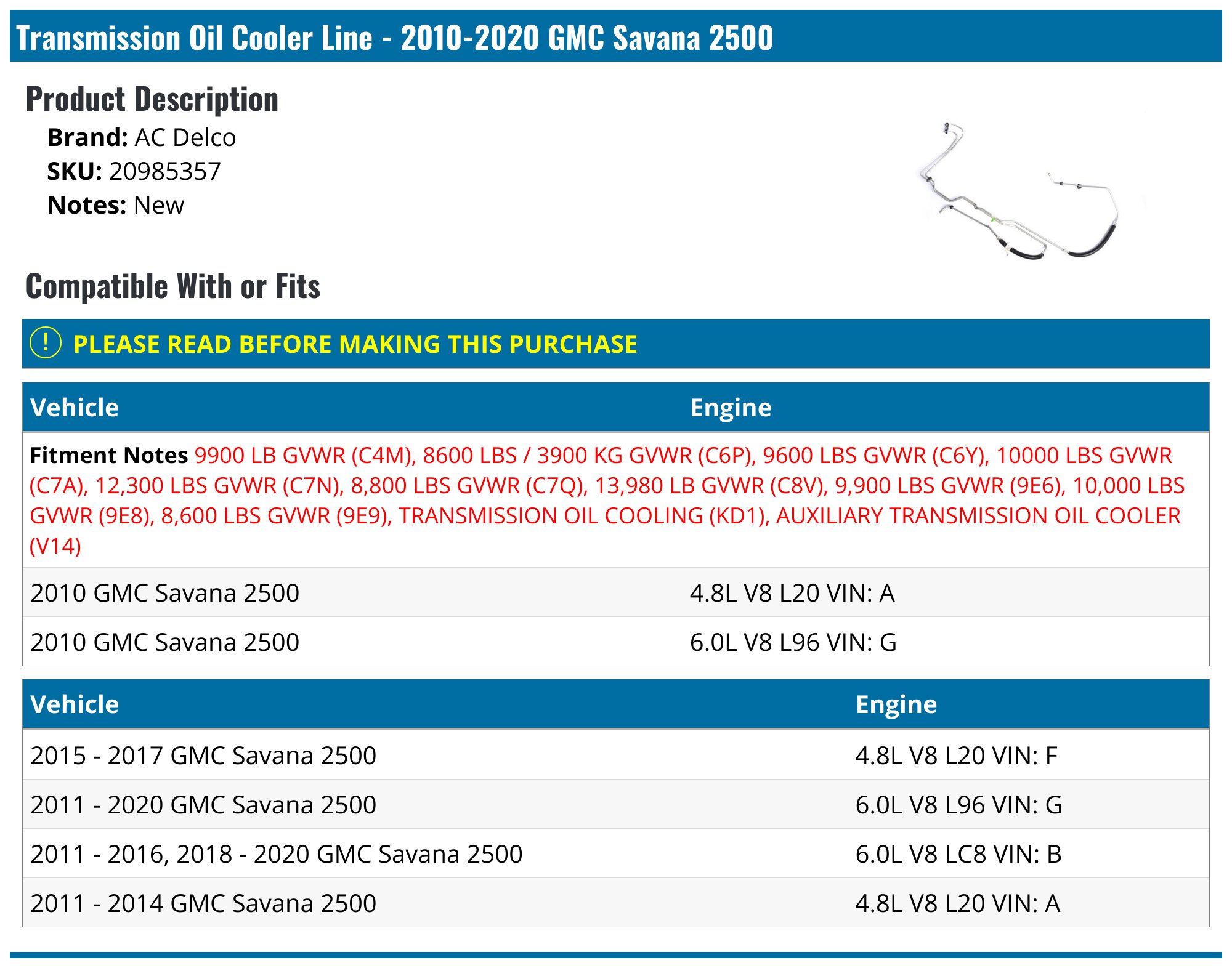 2010-2020 GMC Savana 2500 Transmission Oil Cooler Line - AC Delco ...