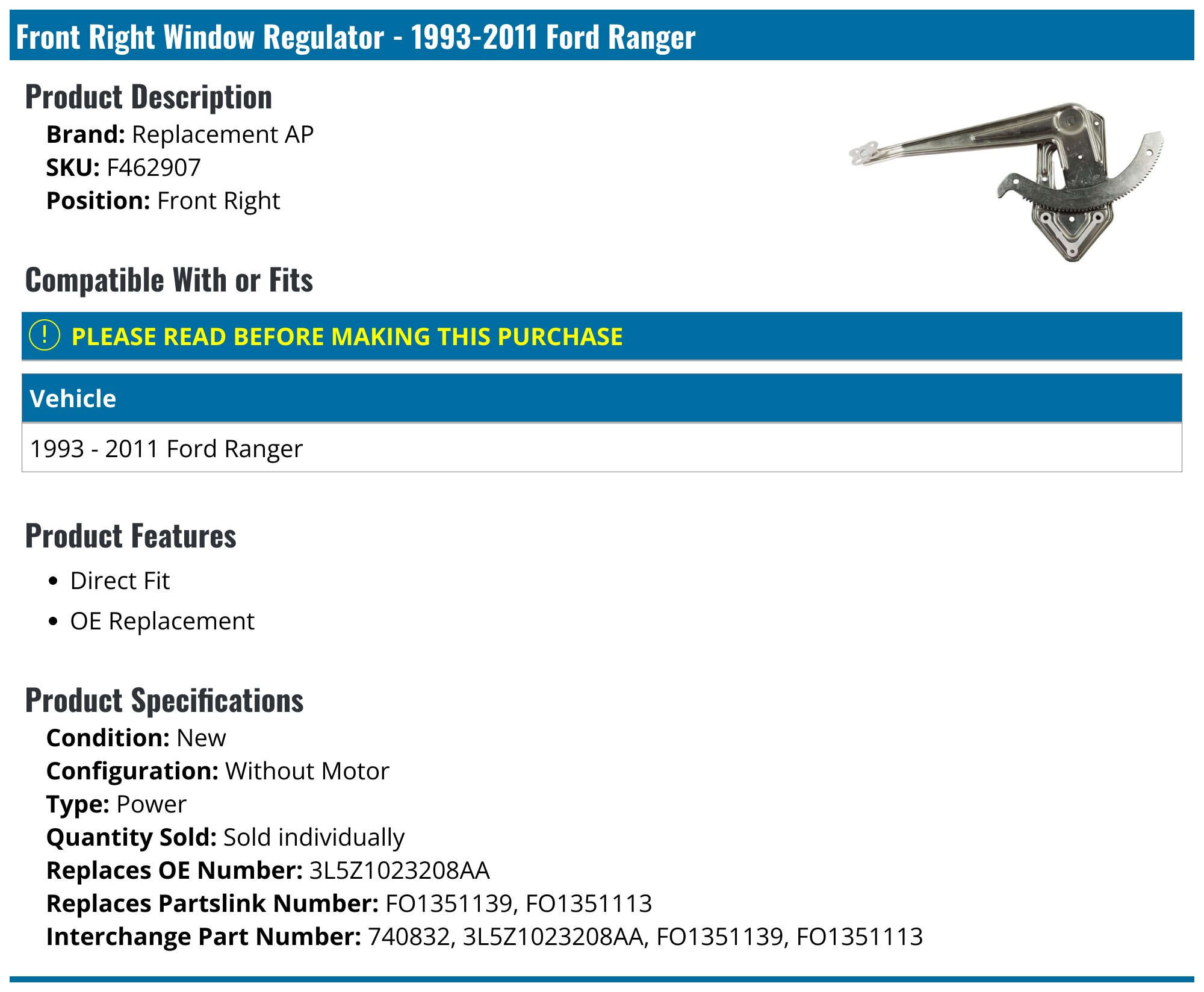 1993-2011 Ford Ranger Window Regulator - Replacement AP F462907 - Front ...