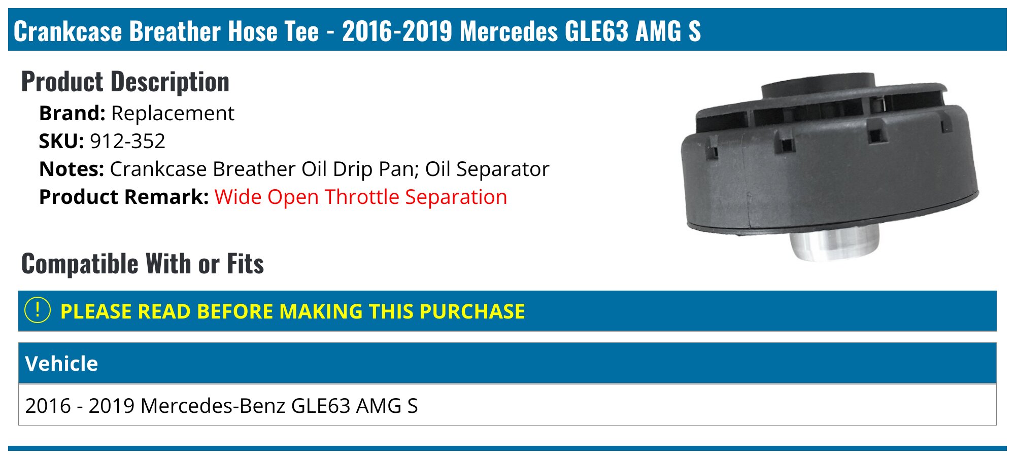 2016-2019 Mercedes GLE63 AMG S Crankcase Breather Hose Tee ...