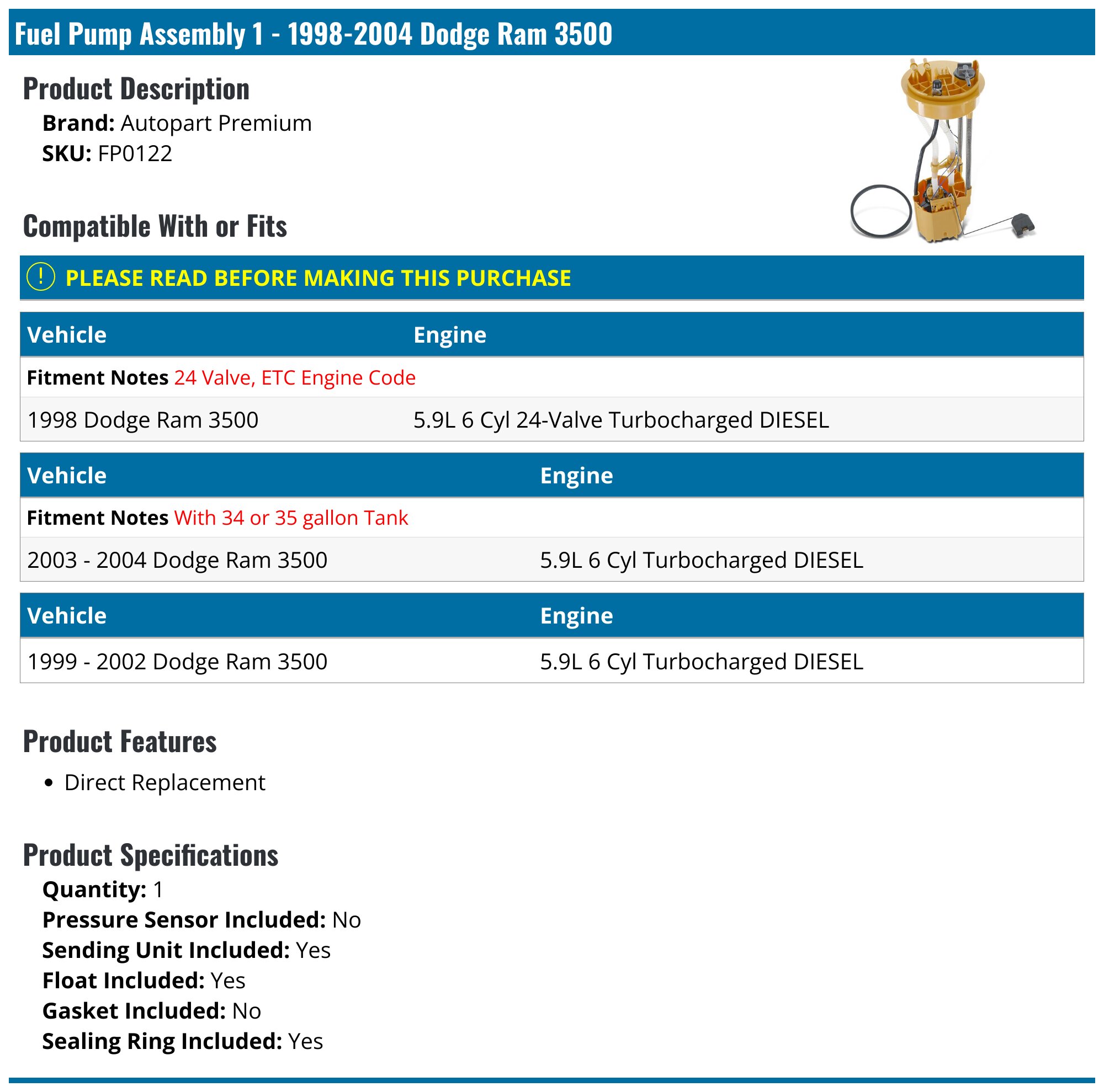 1998-2004 Dodge Ram 3500 Fuel Pump - Autopart Premium FP0122 ...