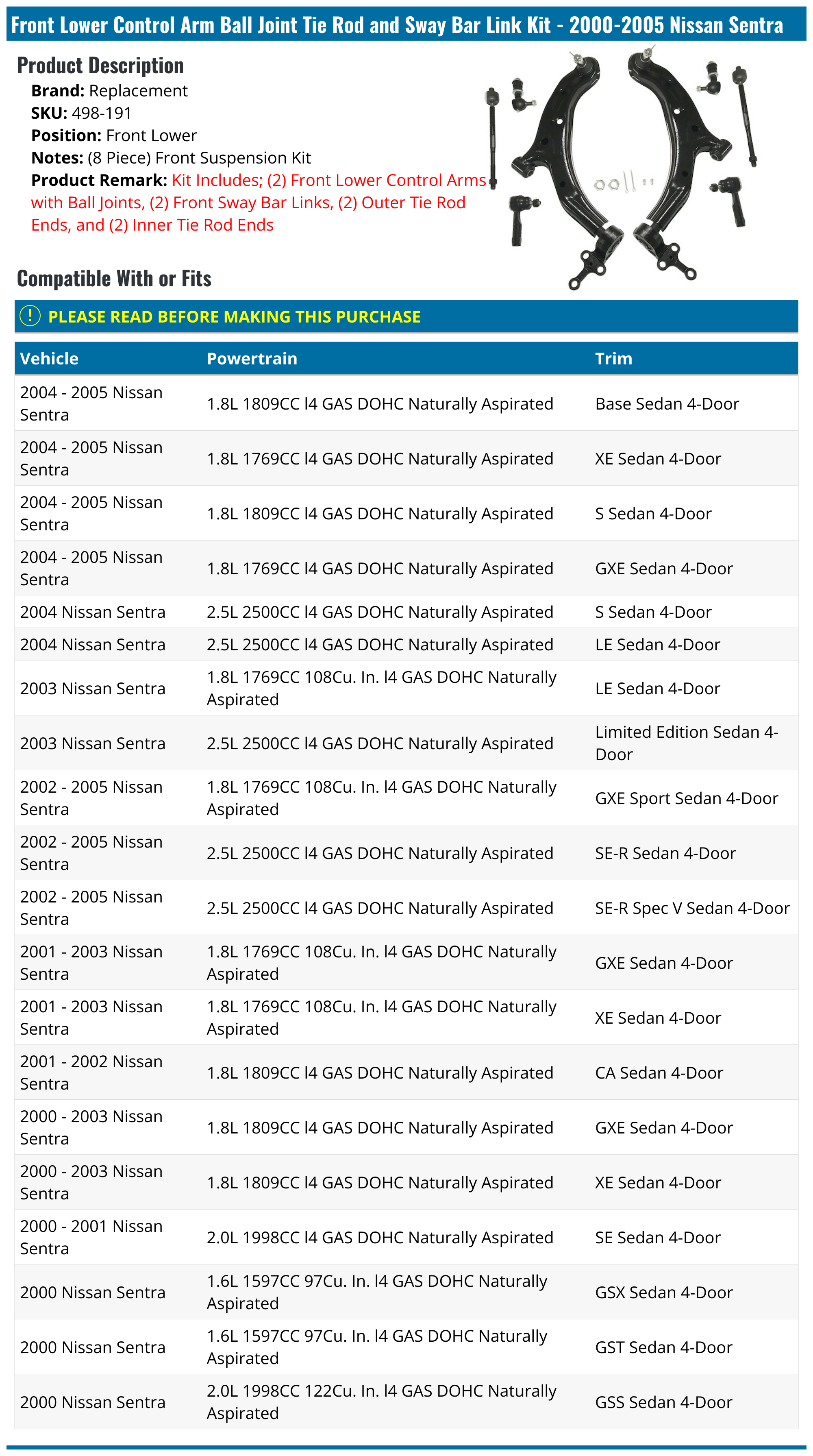 2000-2005 Nissan Sentra Control Arm - Replacement 498-191 - Front Lower ...