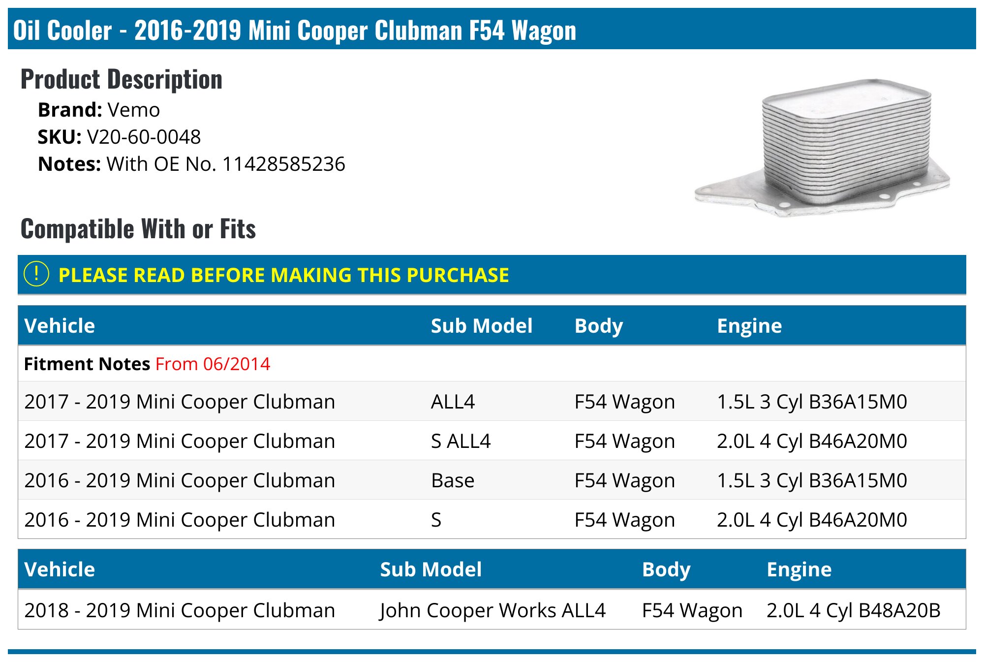 2016-2019 Mini Cooper Clubman Oil Cooler - Vemo V20-60-0048 - PartsGeek.com