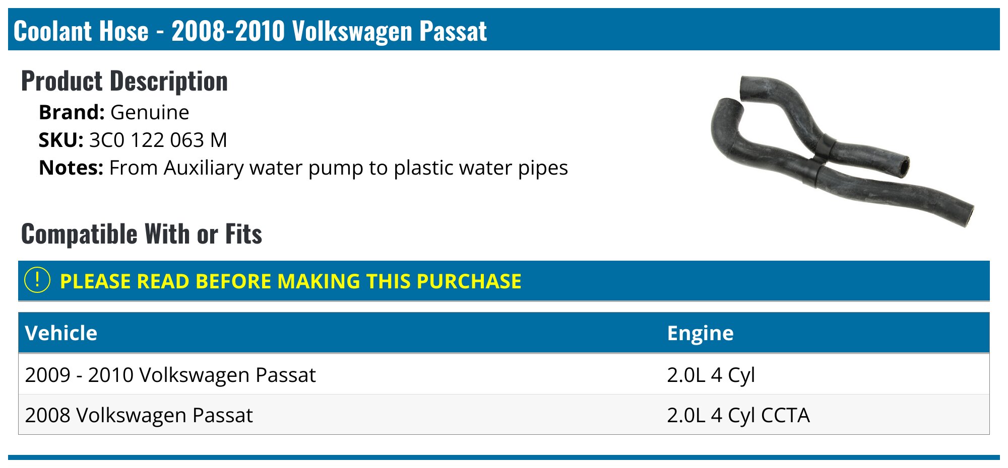 2008-2010 Volkswagen Passat Coolant Hose - Genuine 3C0 122 063 M ...