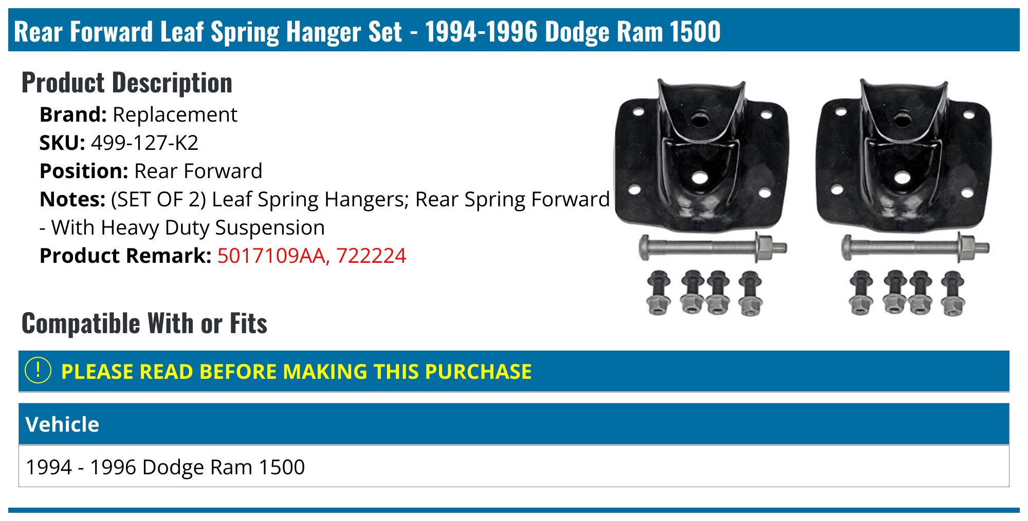 1994-1996 Dodge Ram 1500 Leaf Spring Hanger - Replacement 499-127-K2 ...