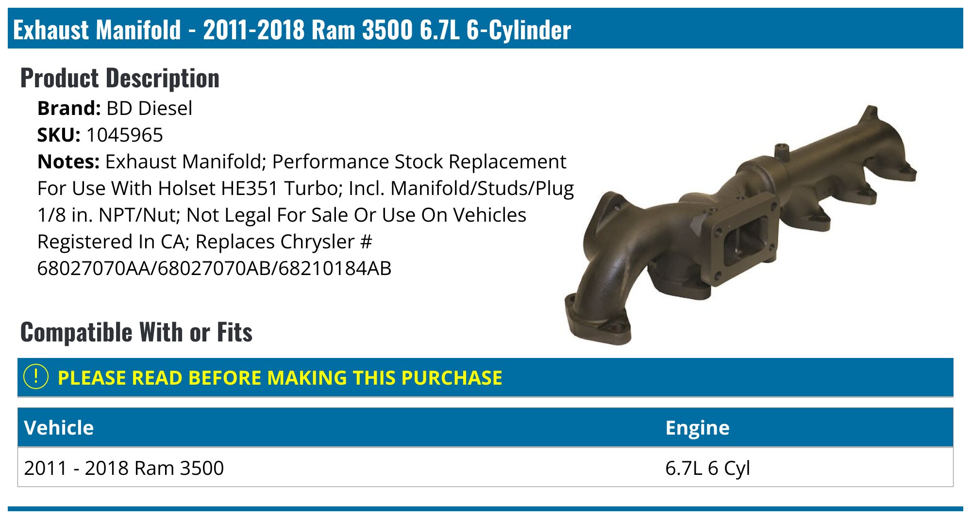 2011-2018 Ram 3500 Exhaust Manifold - BD Diesel 1045965 - PartsGeek.com