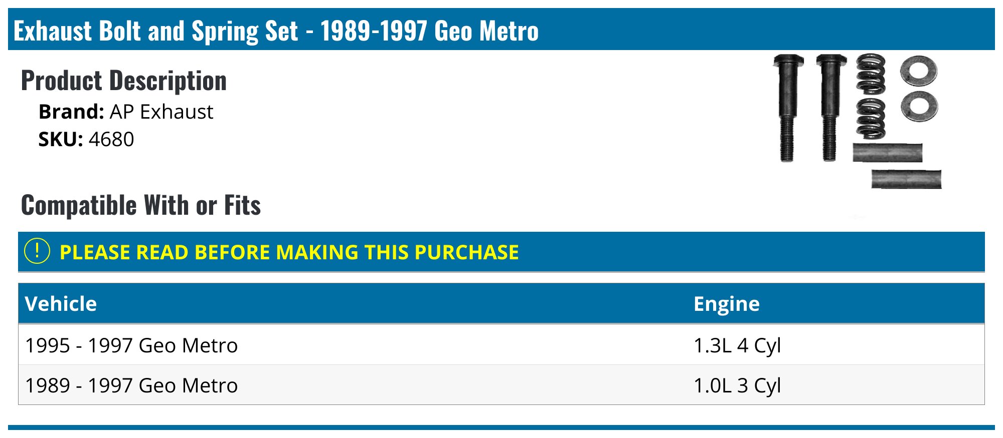 1989-1997 Geo Metro Exhaust Bolt and Spring Set - AP Exhaust 4680 ...