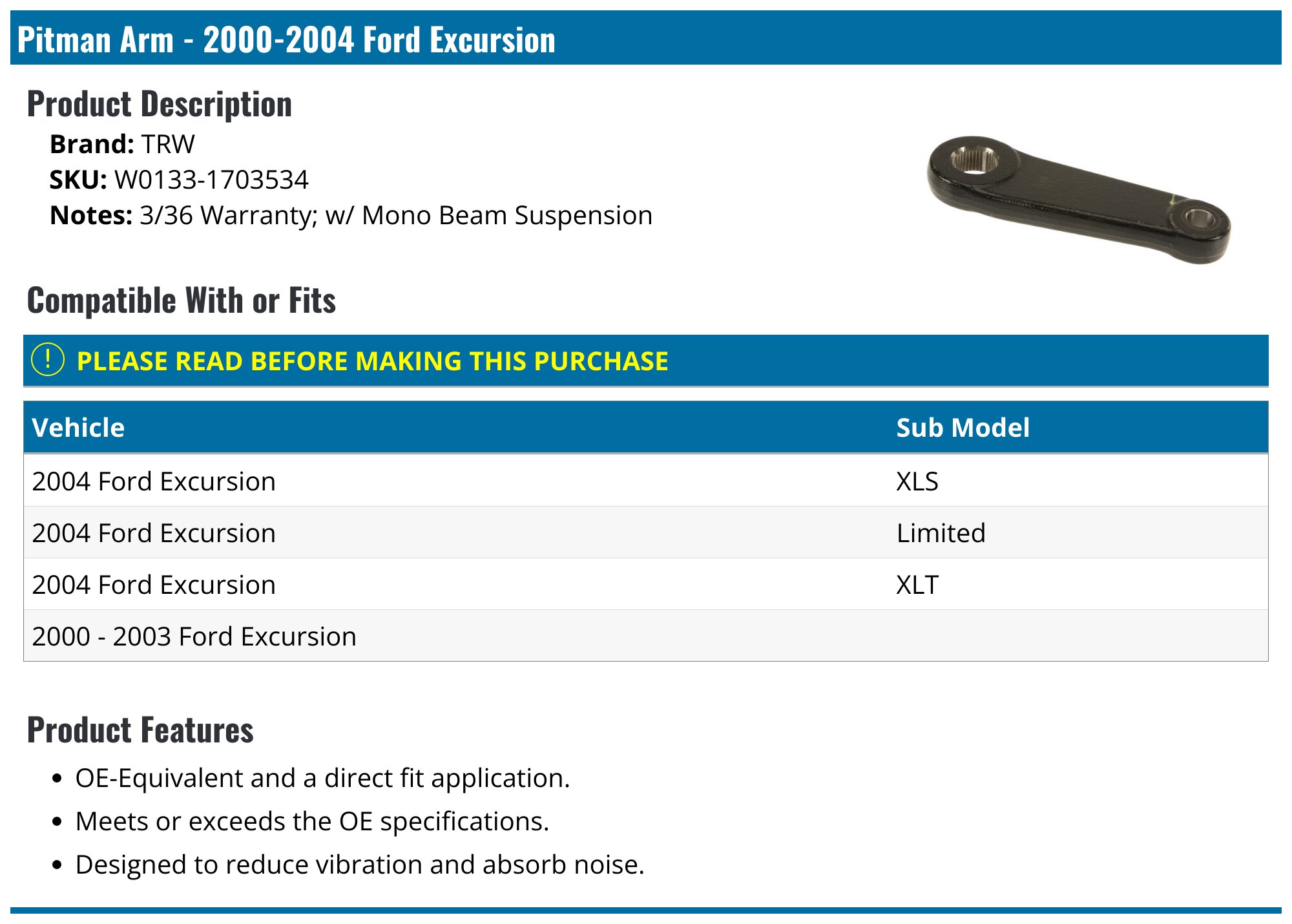 2000-2004 Ford Excursion Pitman Arm - TRW W0133-1703534 - PartsGeek.com
