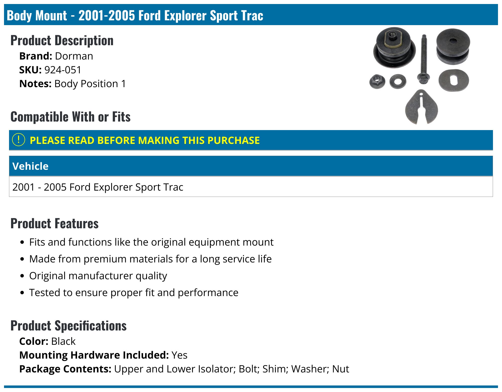 2001-2005 Ford Explorer Sport Trac Body Mount - Dorman 924-051 ...